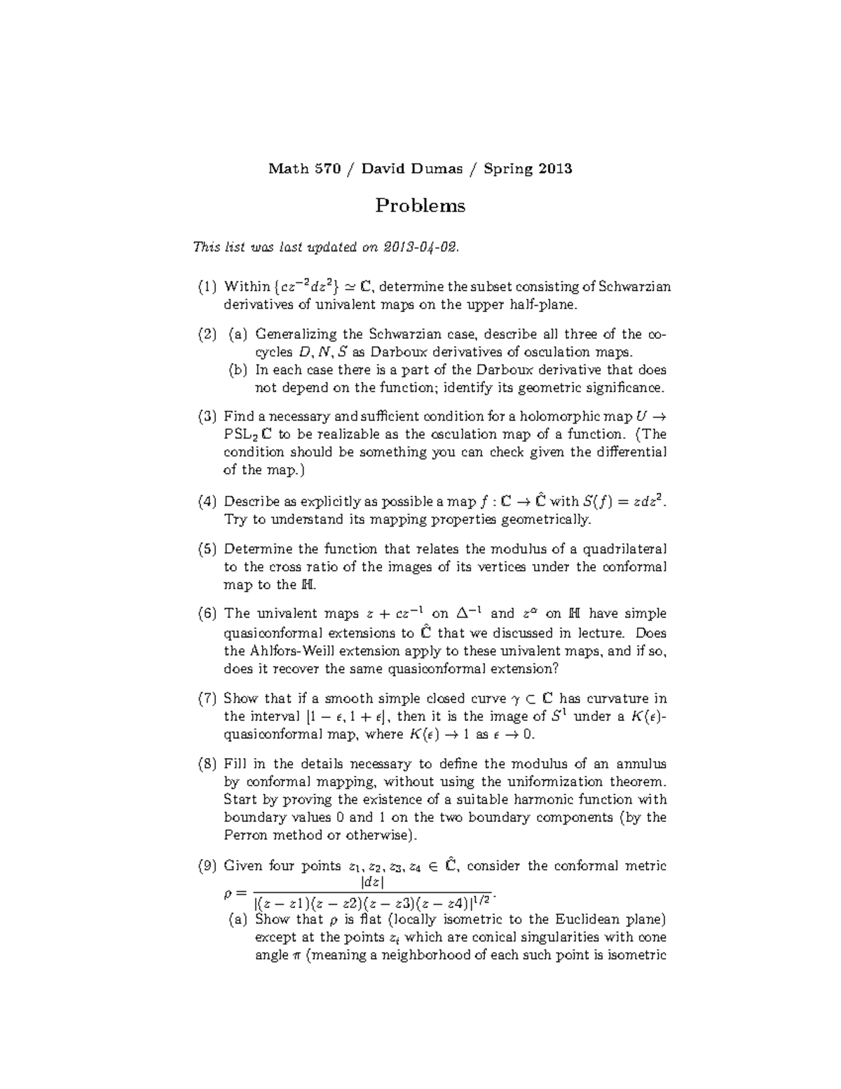 Math 570 Problems Spring 2013 - Math 570 David Dumas Spring 2013 Problems This list was last ...