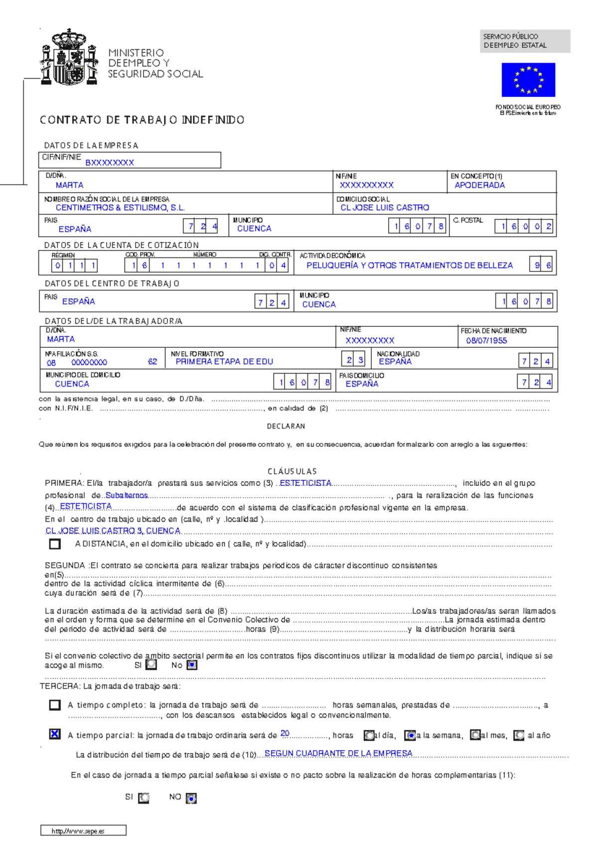 Modelo Contrato Indefinido Para Rellenar Sepe Contrato De Trabajo My ...