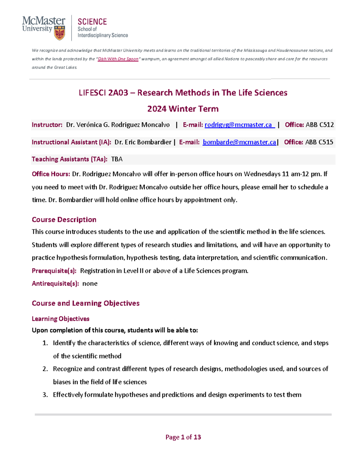 Lifesci 2A03 - outline - We recognize and acknowledge that McMaster ...