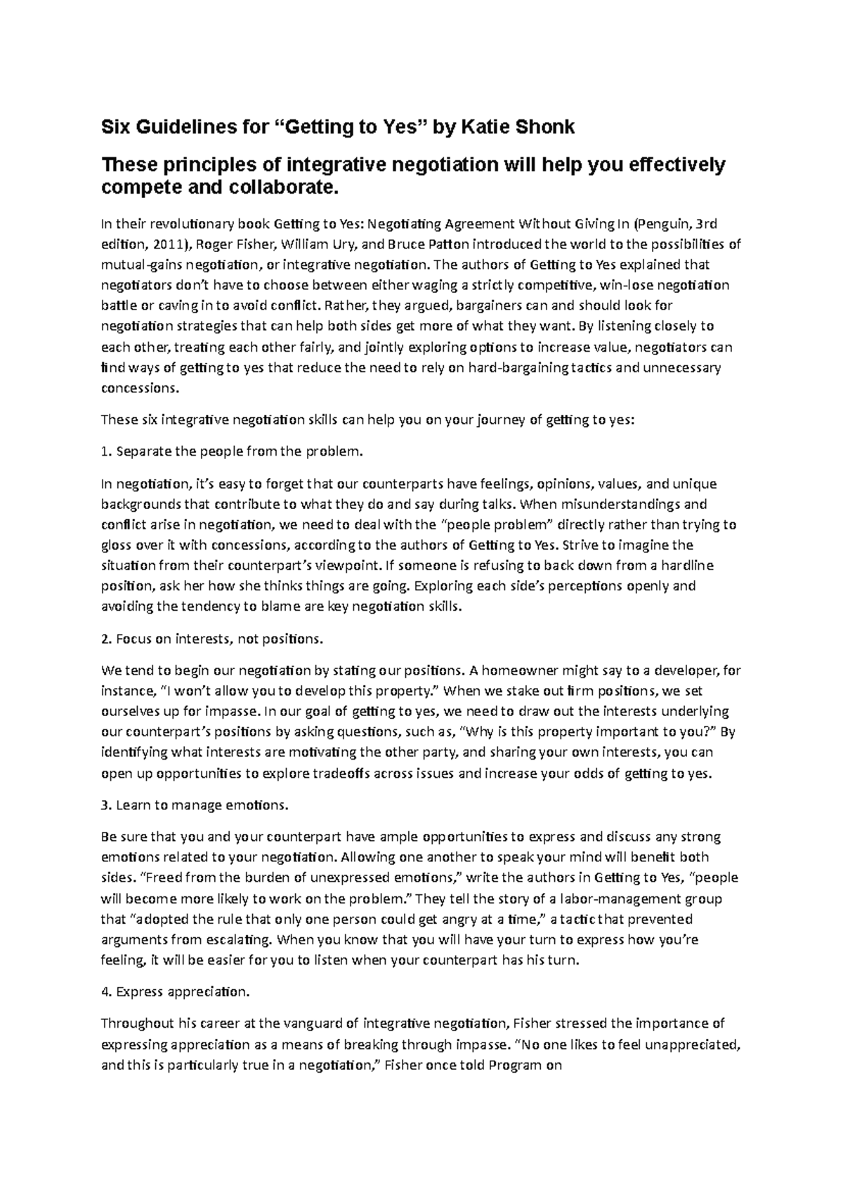 Six Guidelines for “Getting to Yes” by Katie Shonk - Getting to Yes ...