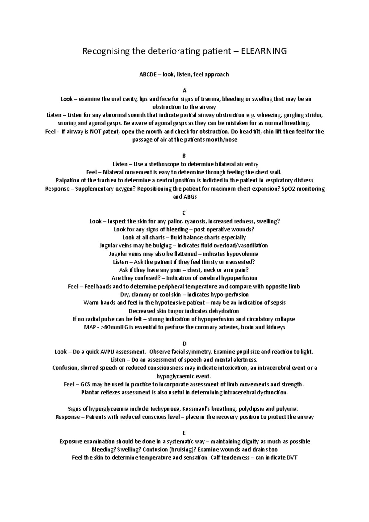 Deteriorating patient - further lecture notes - Recognising the ...
