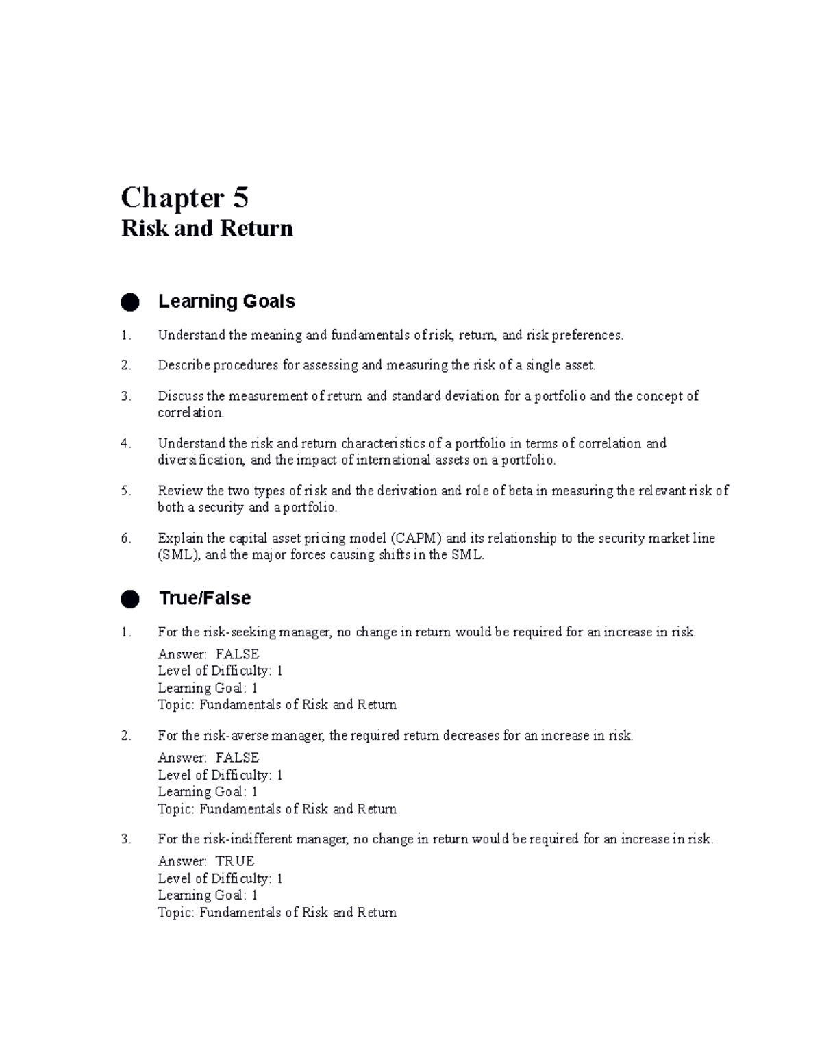 Tb05 - Hi co. G csu. - Chapter 5 Risk and Return Learning Goals 1. Understand the meaning and ...