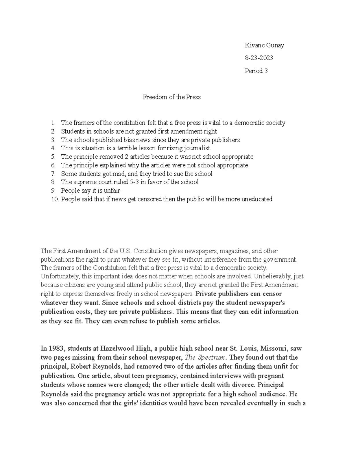 Freedom of the press paragraph - Kivanc Gunay 8-23- Period 3 Freedom of ...