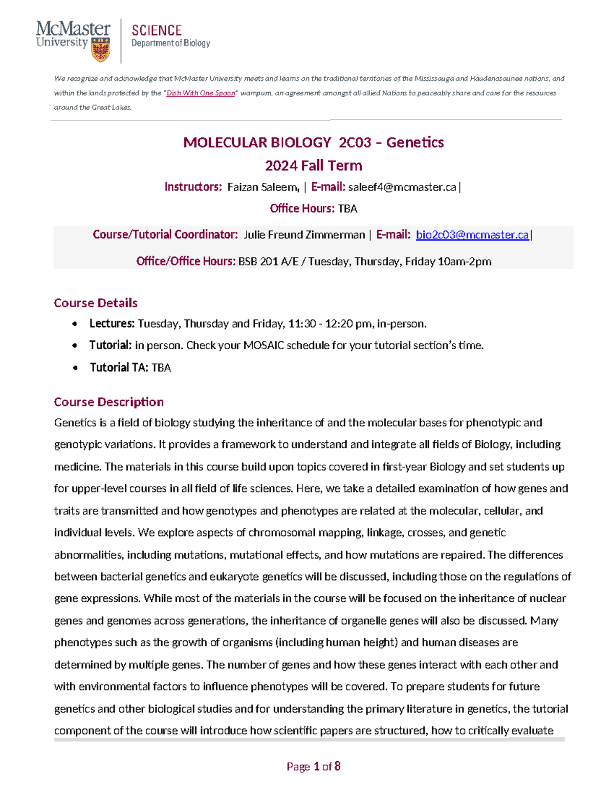 Mol Biol 2C03-F2024-Course outline - We recognize and acknowledge that McMaster University meets ...