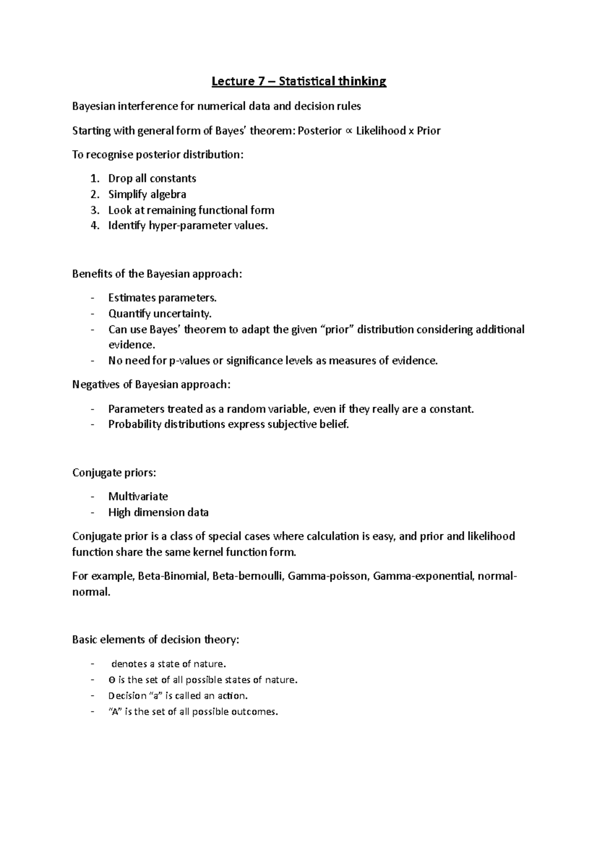 Lecture 7 Statistical Thinking Lecture 7 Statistical Thinking Bayesian Interference For
