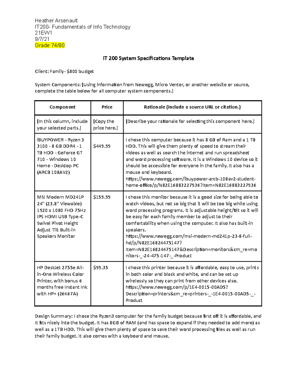 IT 200 System Specifications Template - Heather Arsenault IT200- Fundamentals of Info Technology ...