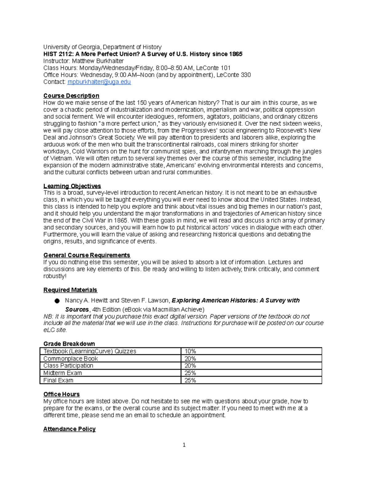 Burkhalter HIST 2112 Spring 2023 Syllabus - University of Georgia ...