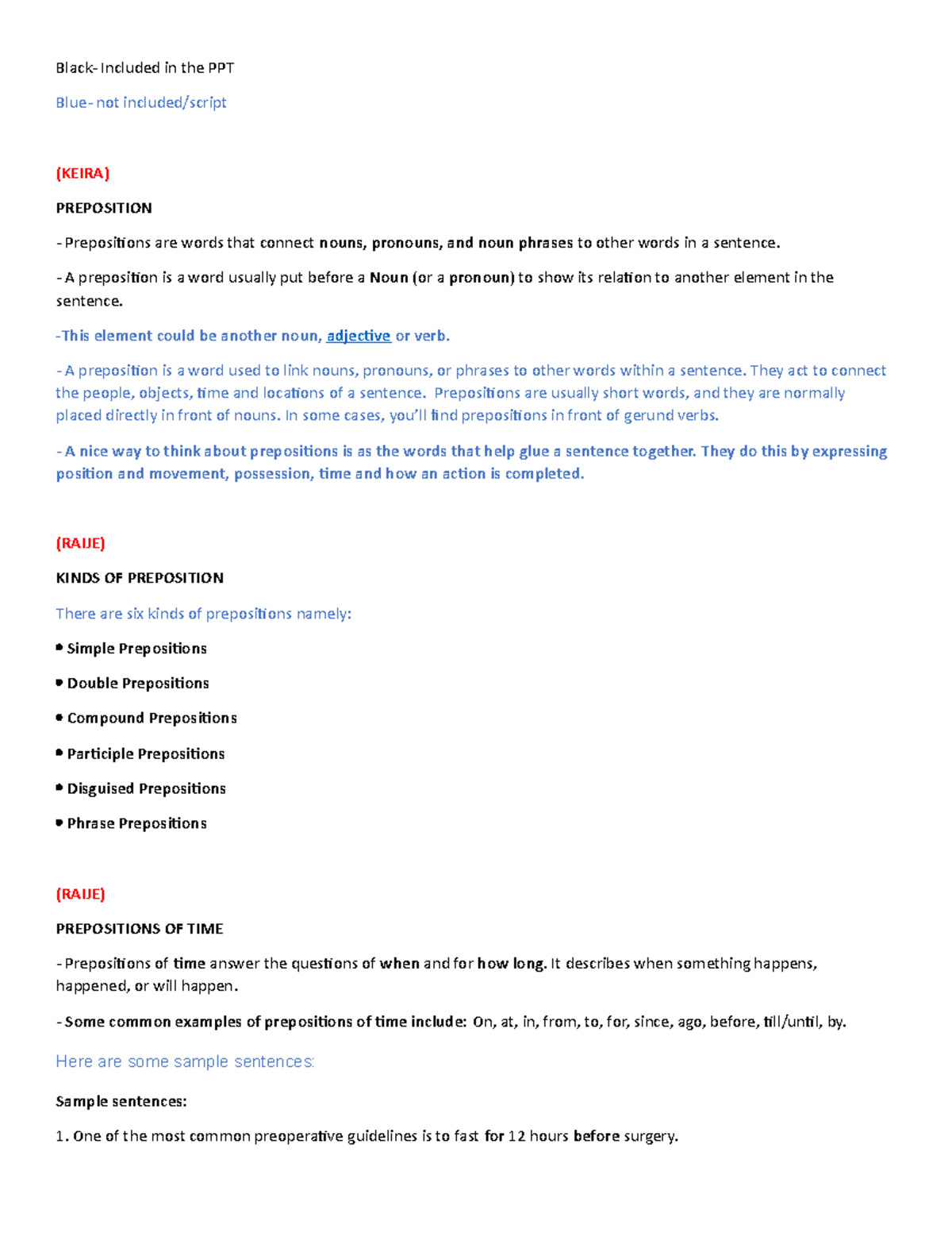 Prepositions Final - reportings - Black- Included in the PPT Blue- not ...