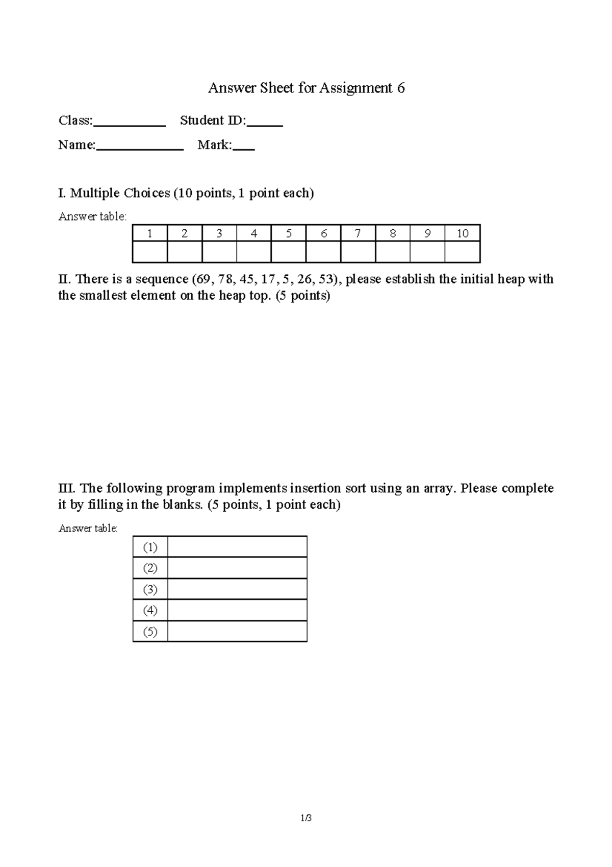 Assignment 6-ds - Answer Sheet for Assignment 6 Class: Student ID: Name ...