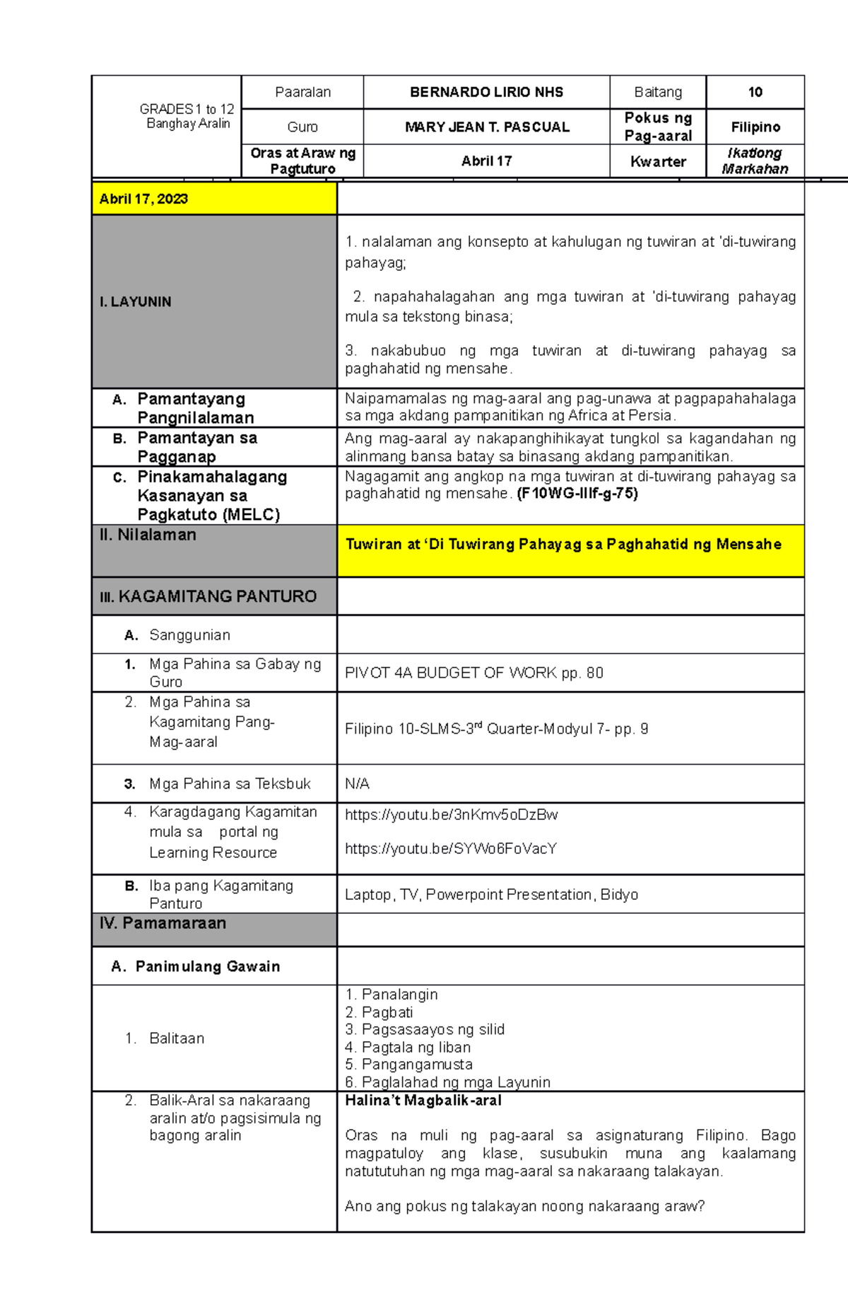 Tuwiran-at-di-Tuwiran 3rd Quarter-Autosaved - GRADES 1 to 12 Banghay ...