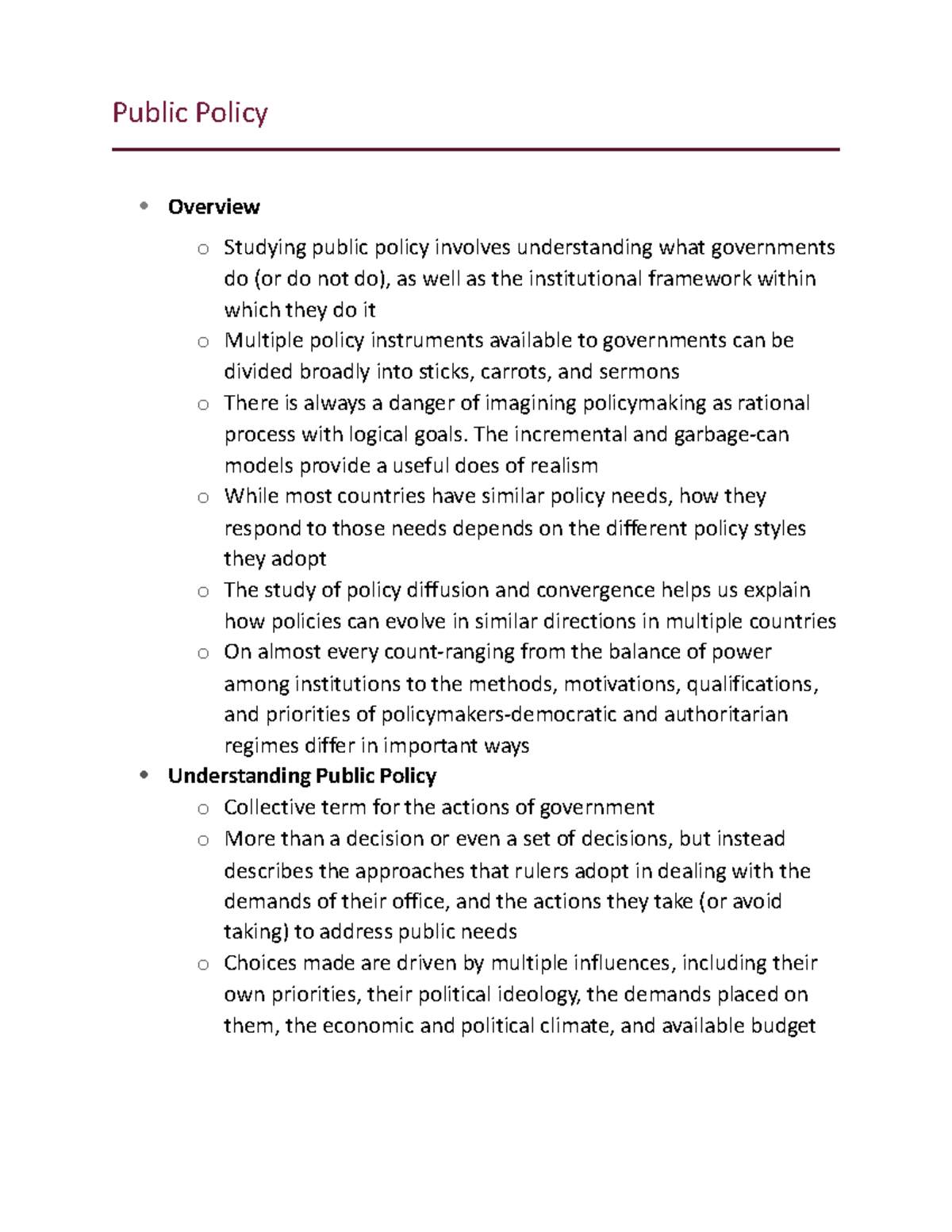 Public Policy - Public Policy Overview o Studying public policy ...