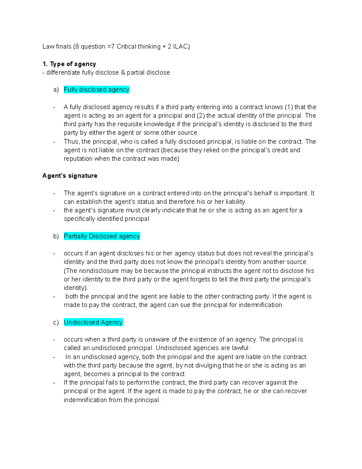 Notes - Business Law - Law finals (9 question =7 Critical thinking + 2 ...