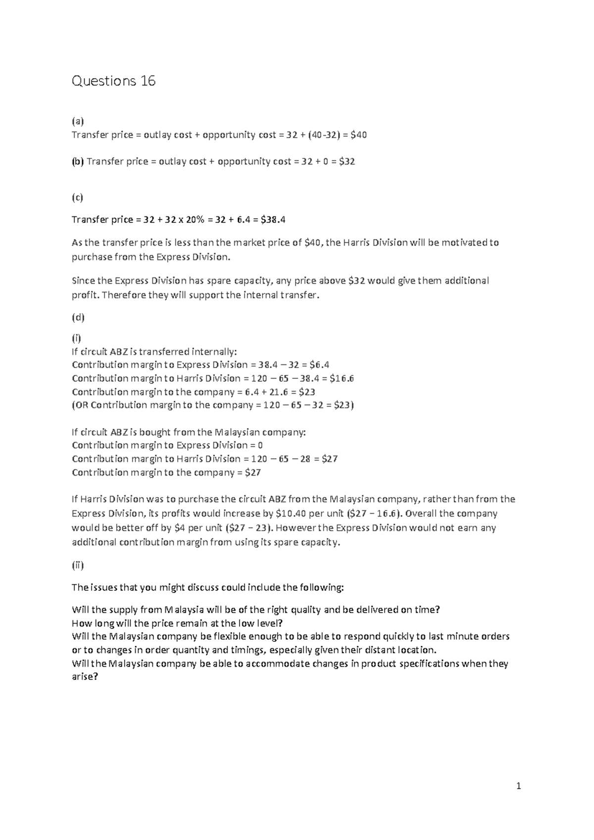 Practice Exam Solution (Section B) - Questions 16 (a) Transfer price ...