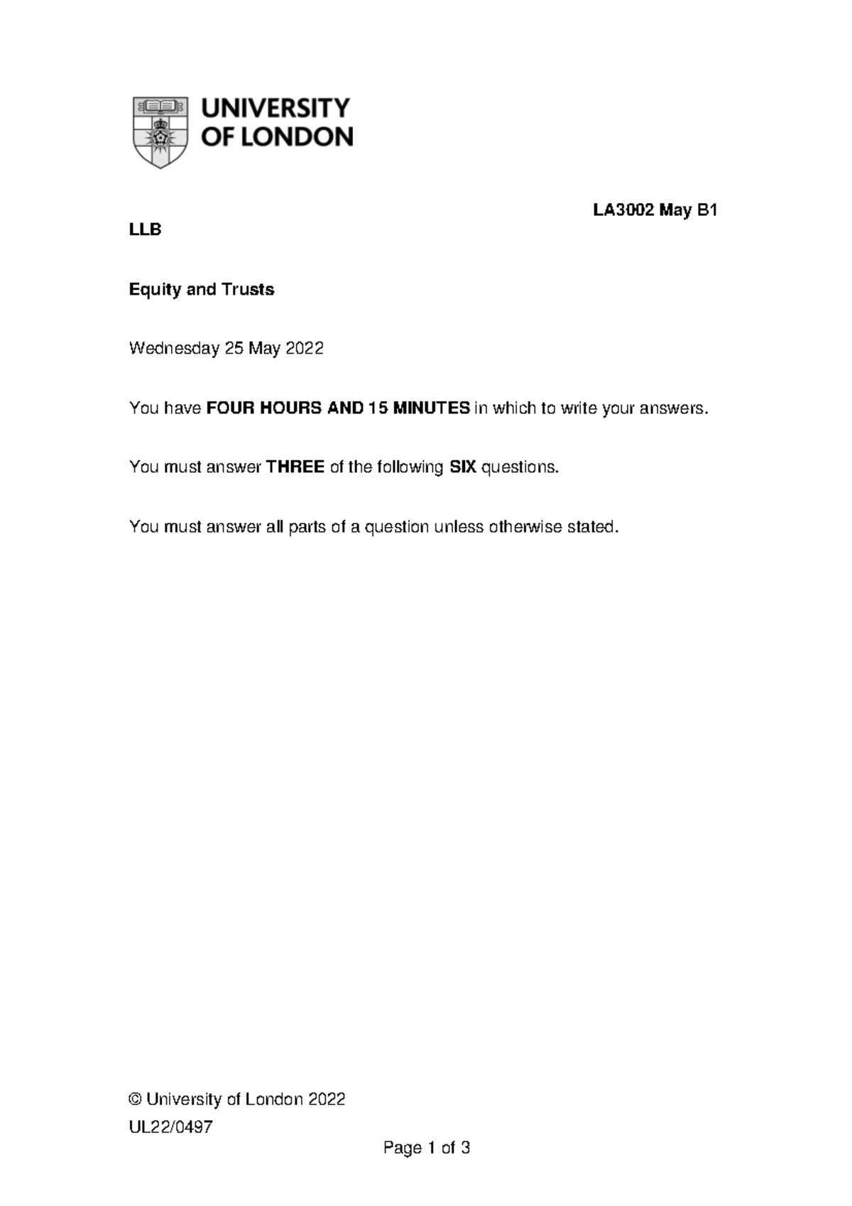 Trusts exam 2022 A - question paper - UL22/ Page 1 of 3 LA3002 May B ...