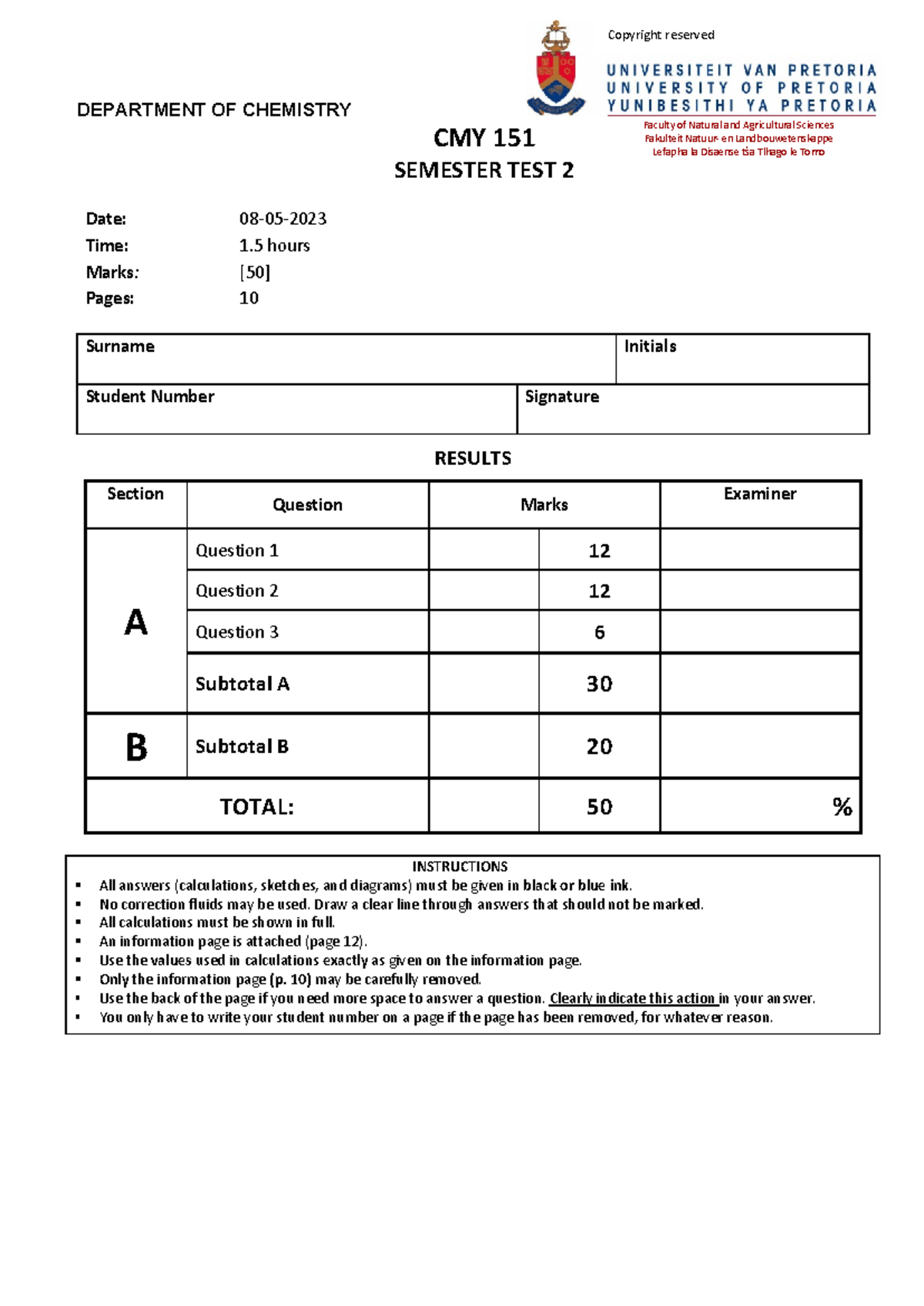 2023 CMY 151 Semester Test 2 - DEPARTMENT OF CHEMISTRY CMY 151 SEMESTER ...