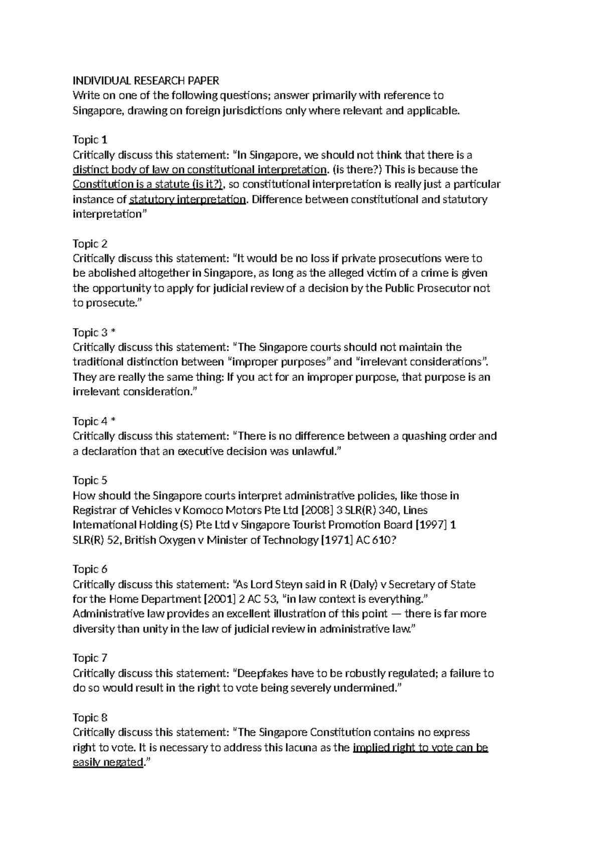Individual research paper qns - INDIVIDUAL RESEARCH PAPER Write on one ...