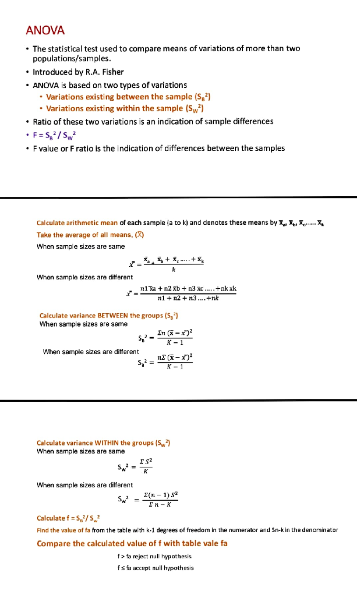 Anova -Biostatistics - ANOVA .The statistical test used to compare ...