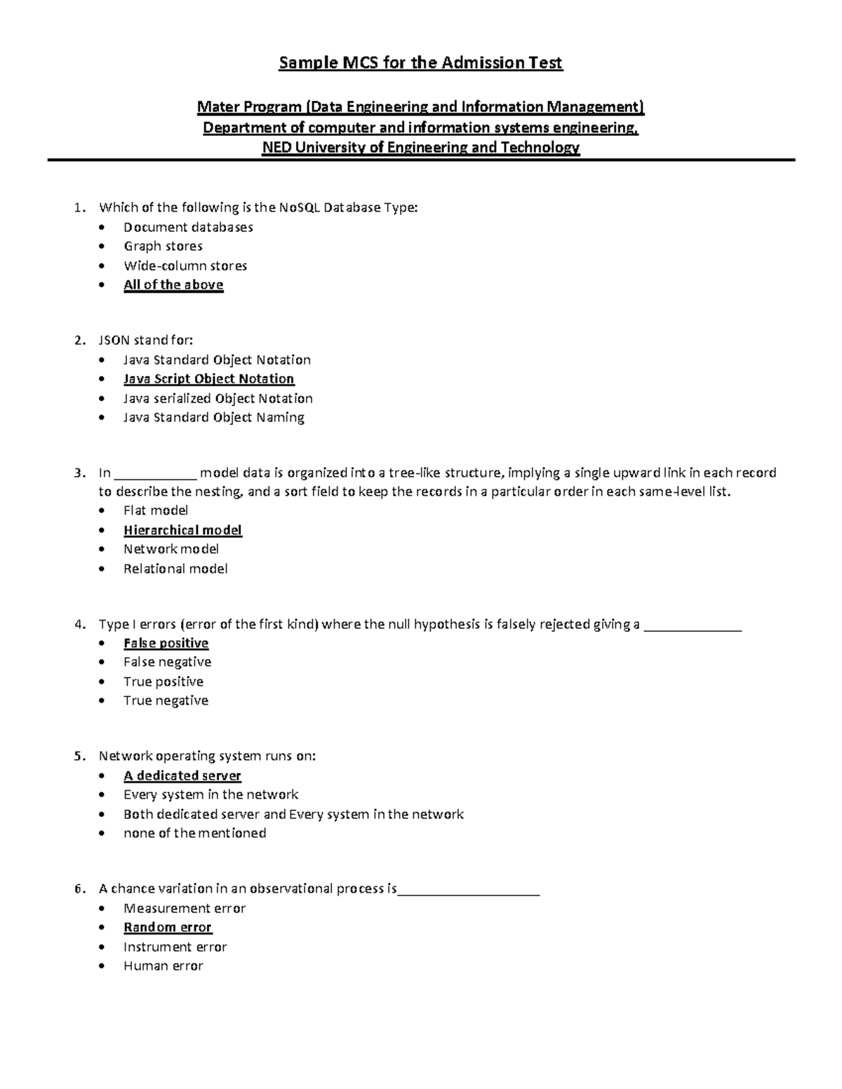 Sample Test Paper Data engineering andinformation management - Sample ...