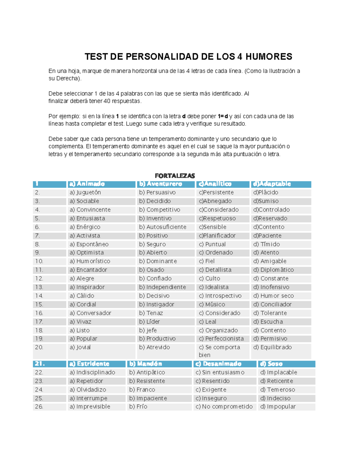 TEST DE Personalidad DE LOS 4 Humores - TEST DE PERSONALIDAD DE LOS 4 ...