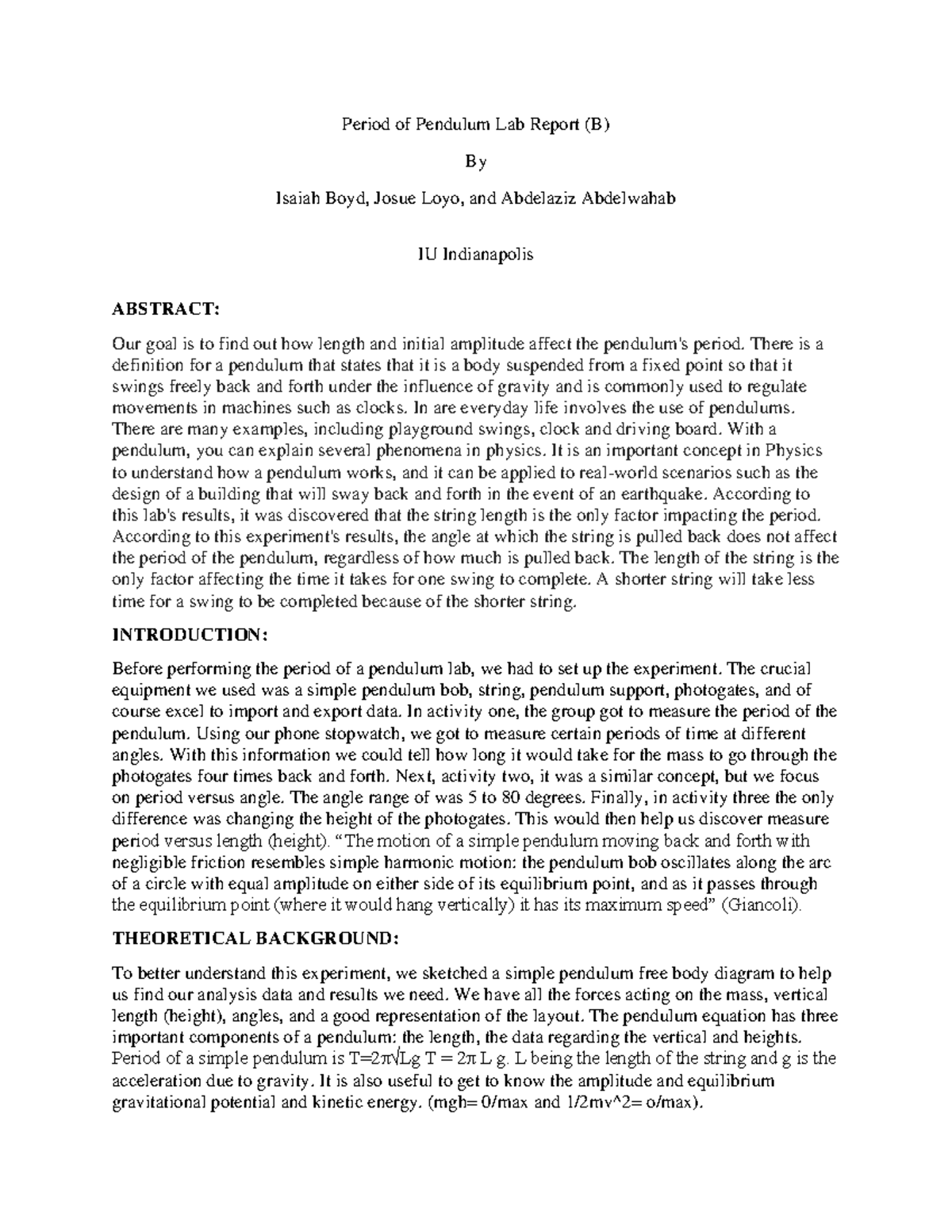 Period of a Pendulum - Period of Pendulum Lab Report (B) By Isaiah Boyd ...