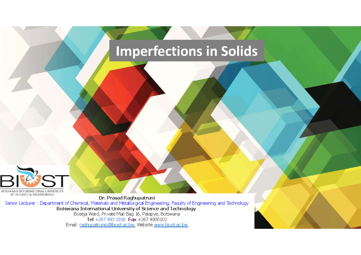 MMEE210 Materials Science -Imperfections in solids Dr Prasad ...