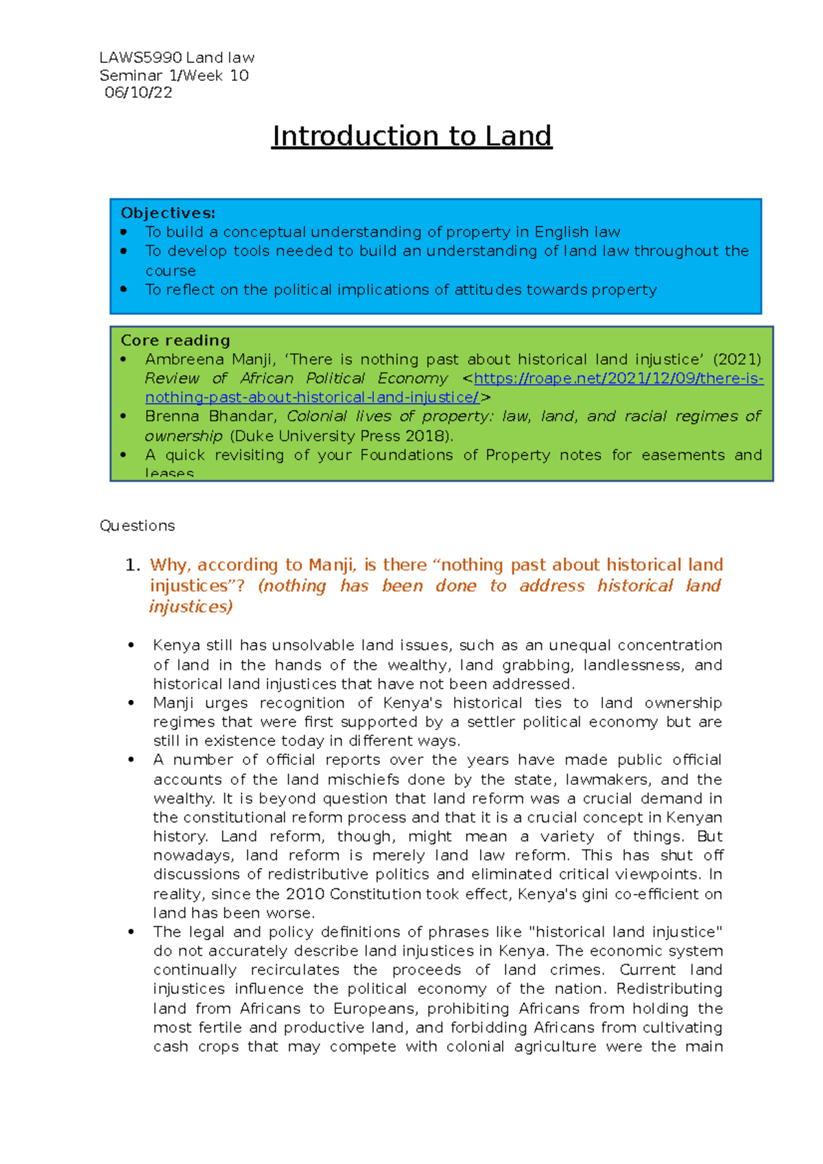S1 Introduction to Land - Seminar 1/Week 10 06/10/ Introduction to Land ...