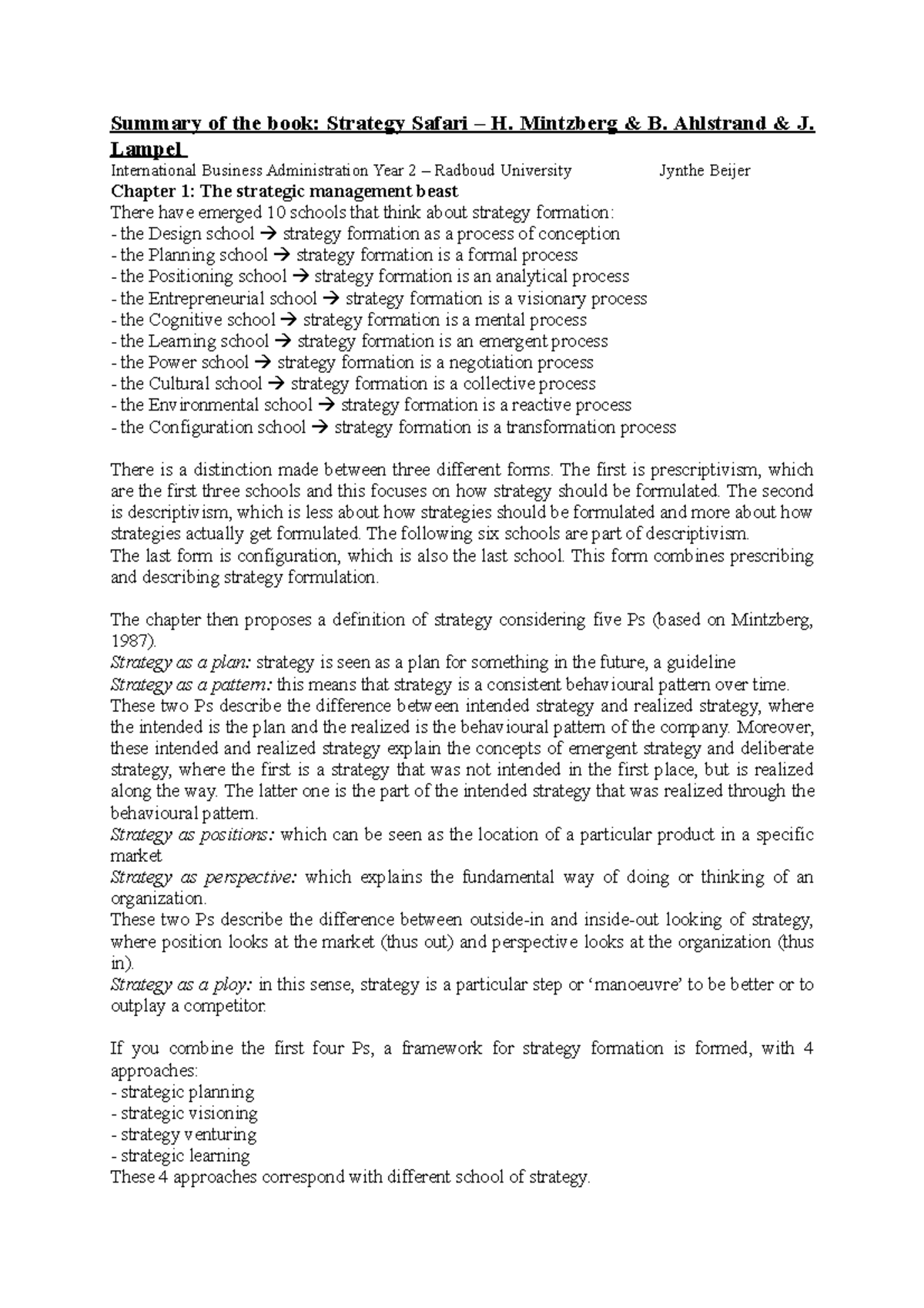 Summary course O&E - Samenvatting Strategy Safari - Summary of the book ...