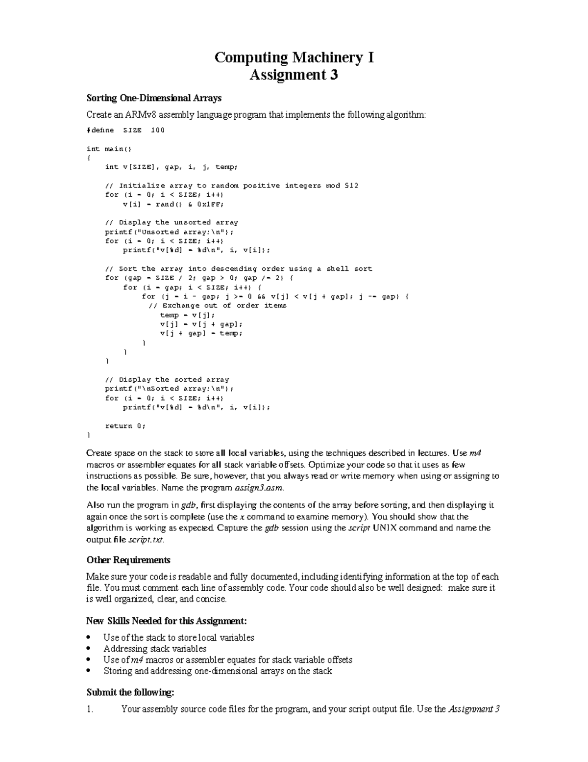 Assignment 3 - Computing Machinery I Assignment 3 Sorting One-Dimensional Arrays Create an ARMv8 ...