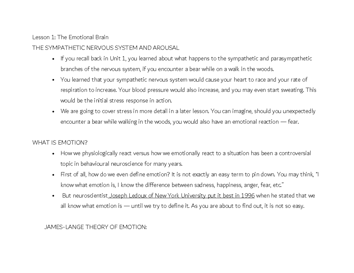 Lecture notes unit 6 Unit 6: Emotion and Stress - Lesson 1: The ...