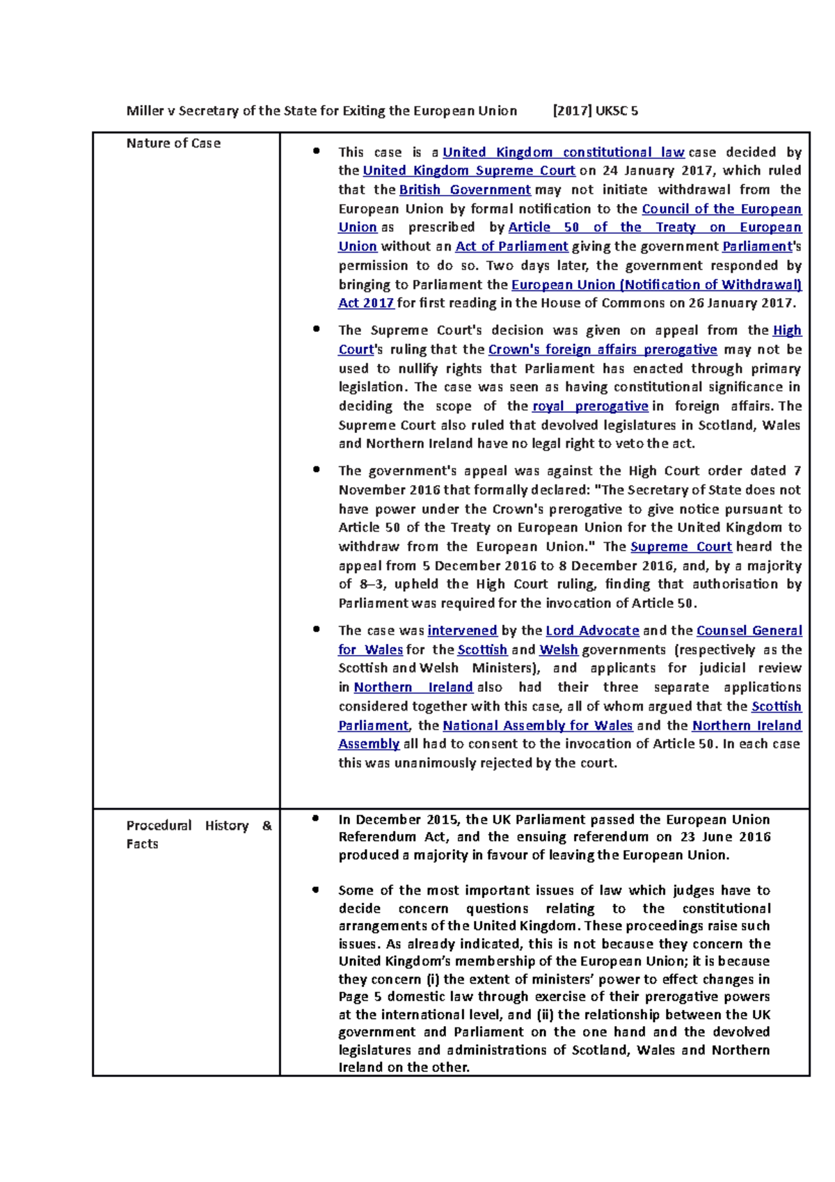 Tutorial 1 Case Briefing for [2017 ] UKSC 5 - Miller v Secretary of the ...