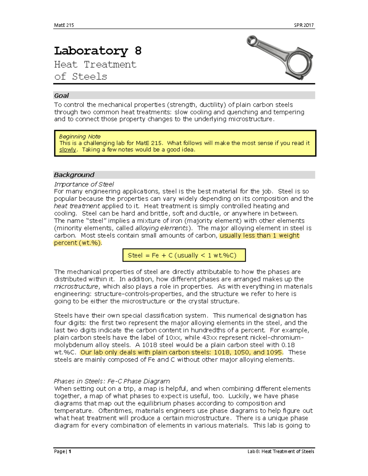 Lab 8 Steel Heat Treatment Highlighted - Laboratory 8 Heat Treatment of ...