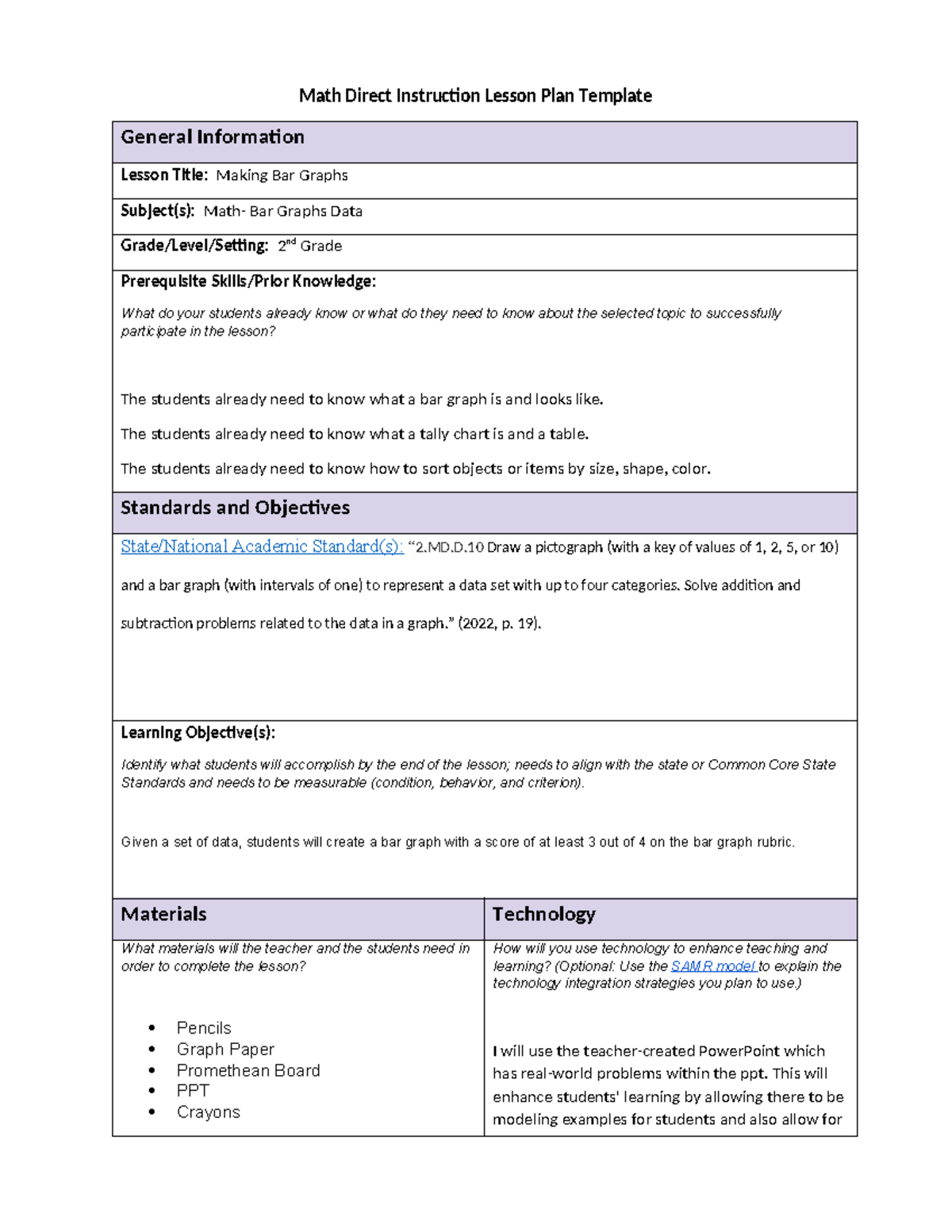 Kdlessonplanonbargraphs - Math Direct Instruction Lesson Plan Template ...