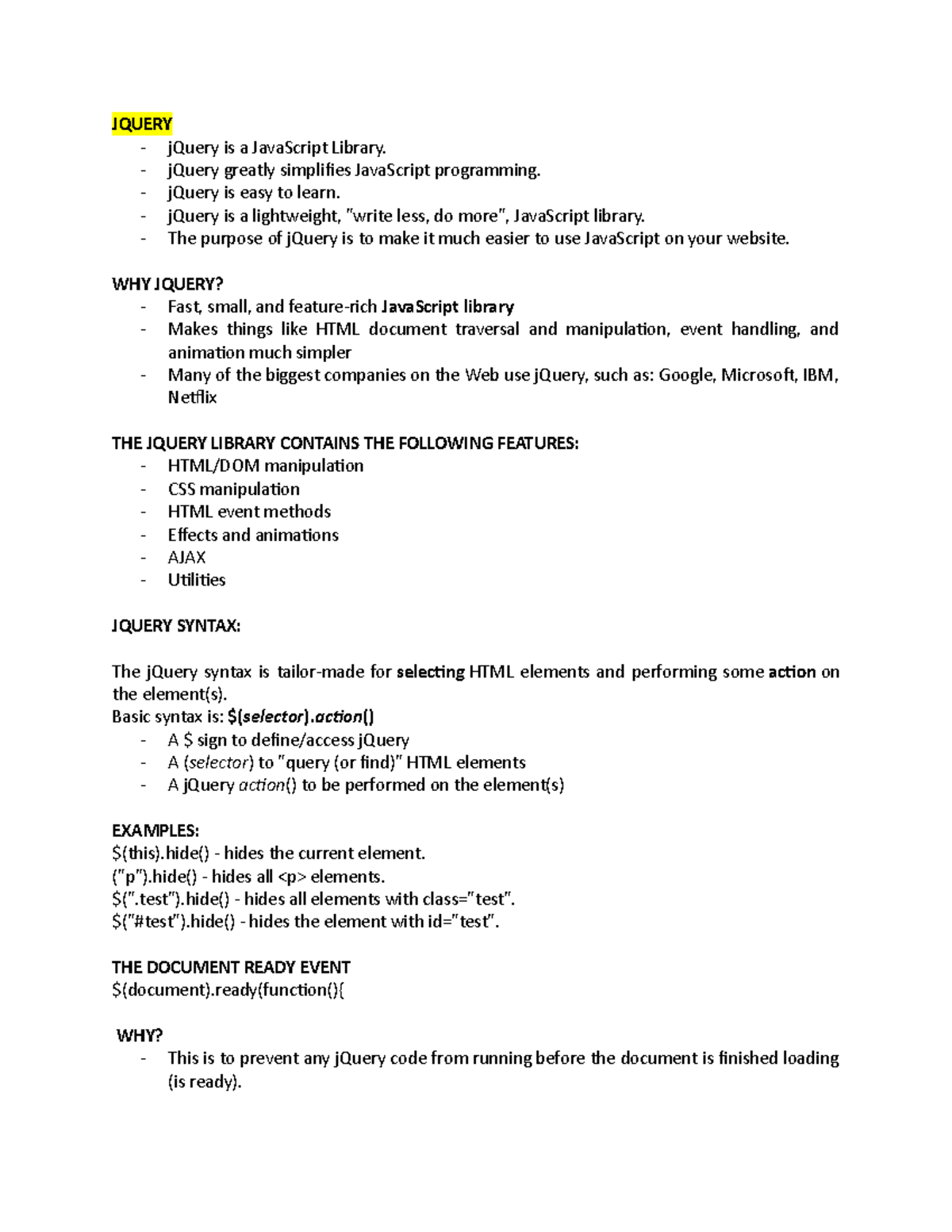 Jquery - it elective 2 - JQUERY jQuery is a JavaScript Library. jQuery ...