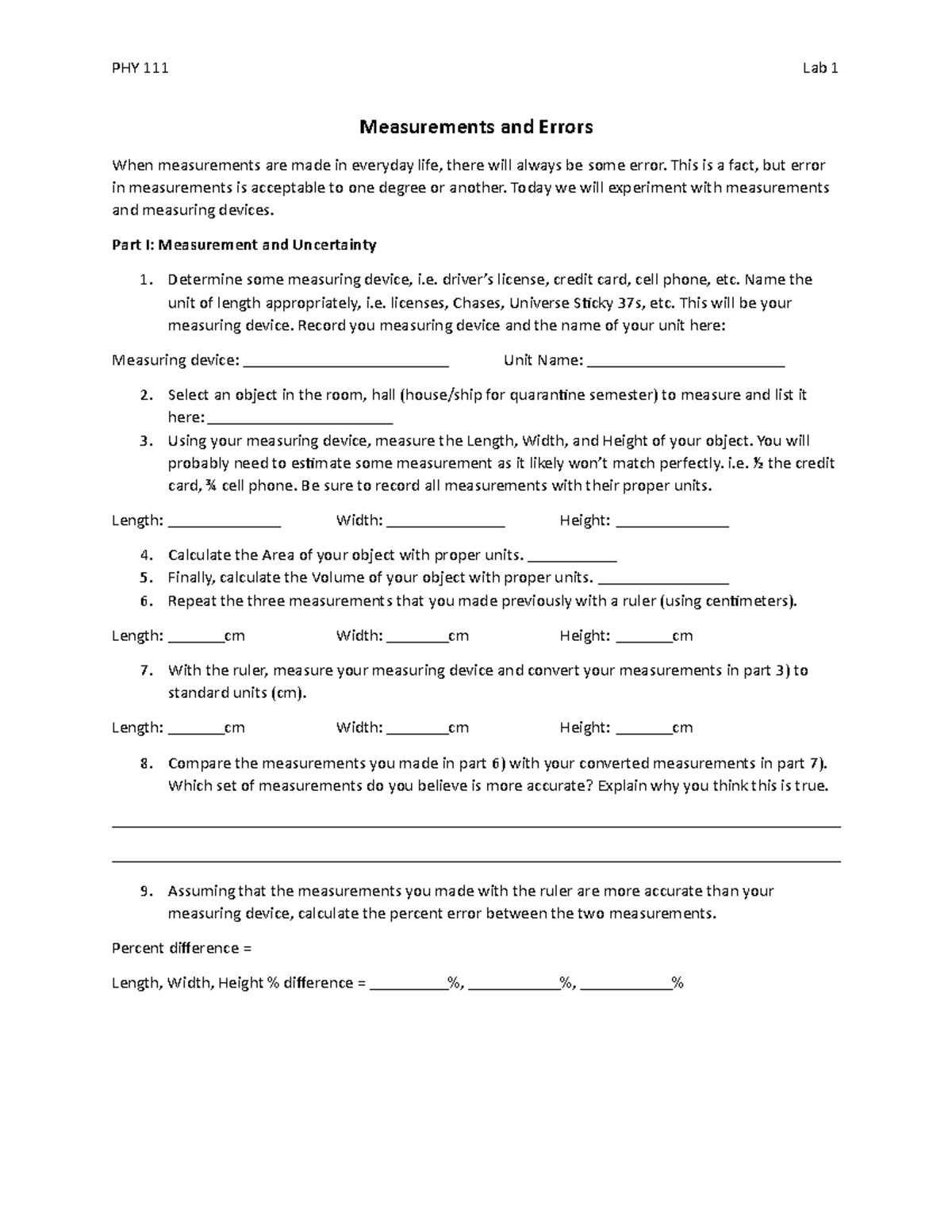 Lab 1 Measurements, Errors, and Reaction Time(2) - PHY Lab 1 Measurements and Errors When - Studocu