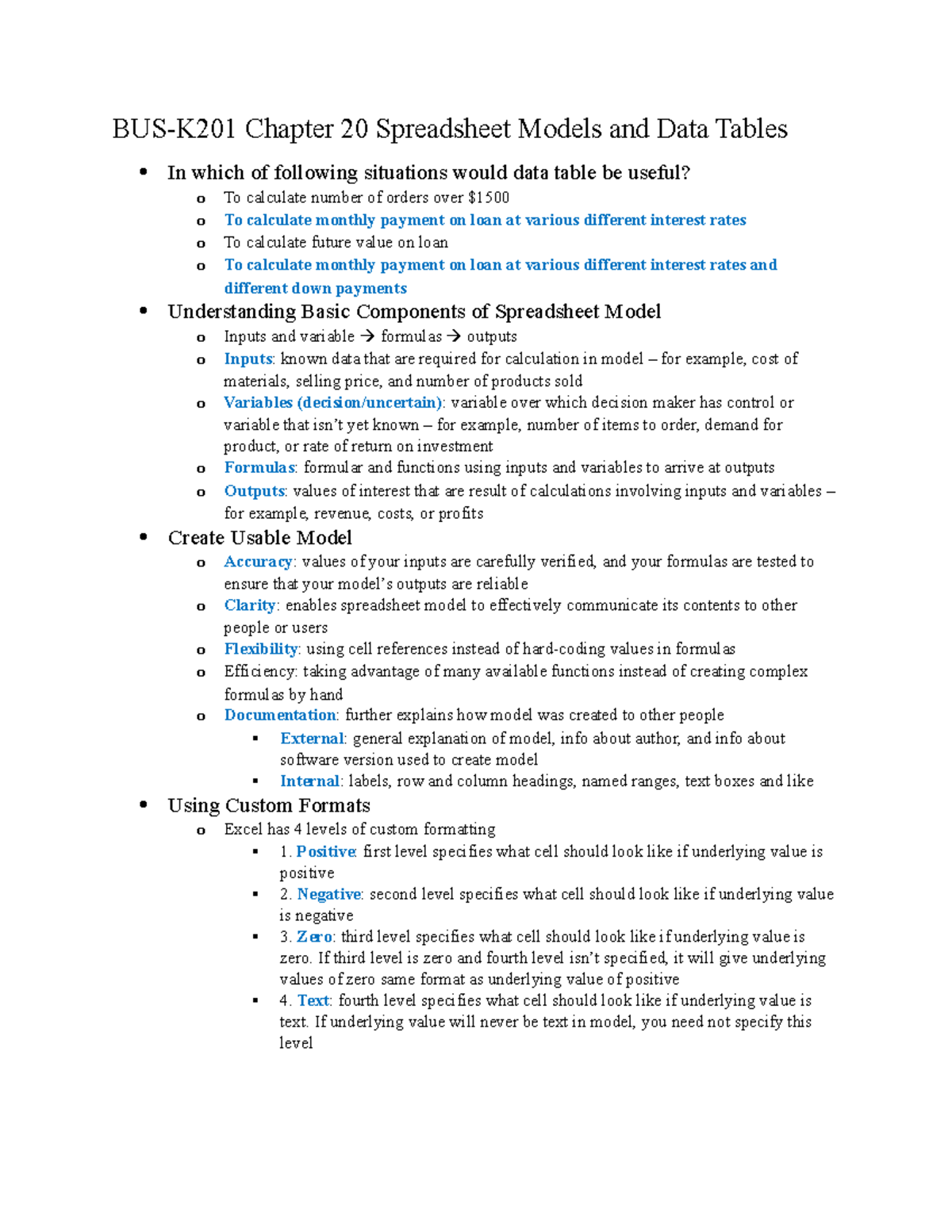 BUS-K201 Chapter 20 Spreadsheet Models and Data Tables - Positive: first level specifies what ...
