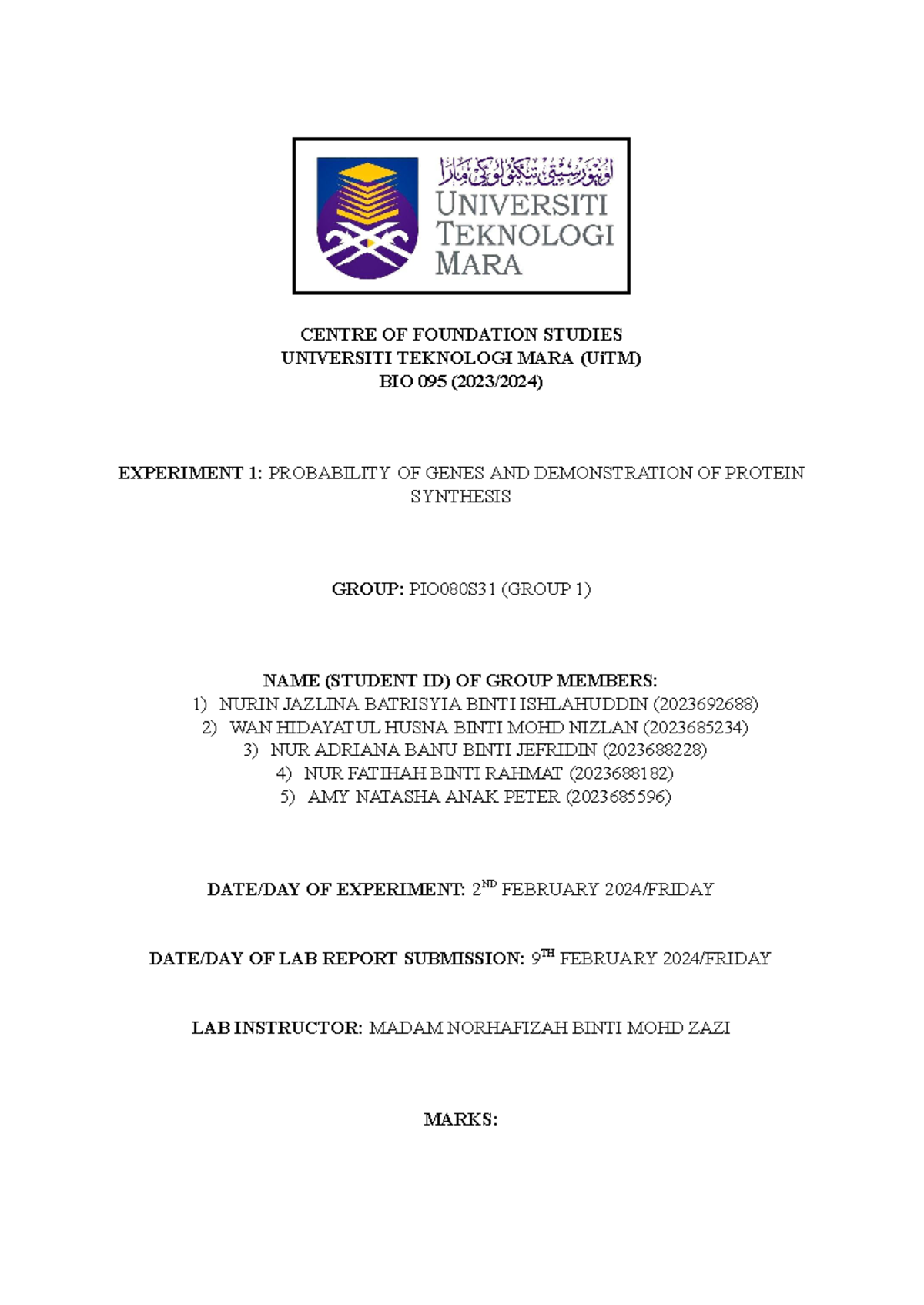 LAB Report BIO EXP 1 - EXP 1 - CENTRE OF FOUNDATION STUDIES UNIVERSITI TEKNOLOGI MARA (UiTM) BIO ...