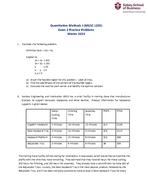 Exam 2 Practice Problems MC - W23 - Quantitative Methods I (MGSC 1205) Exam 2 Practice Problem ...