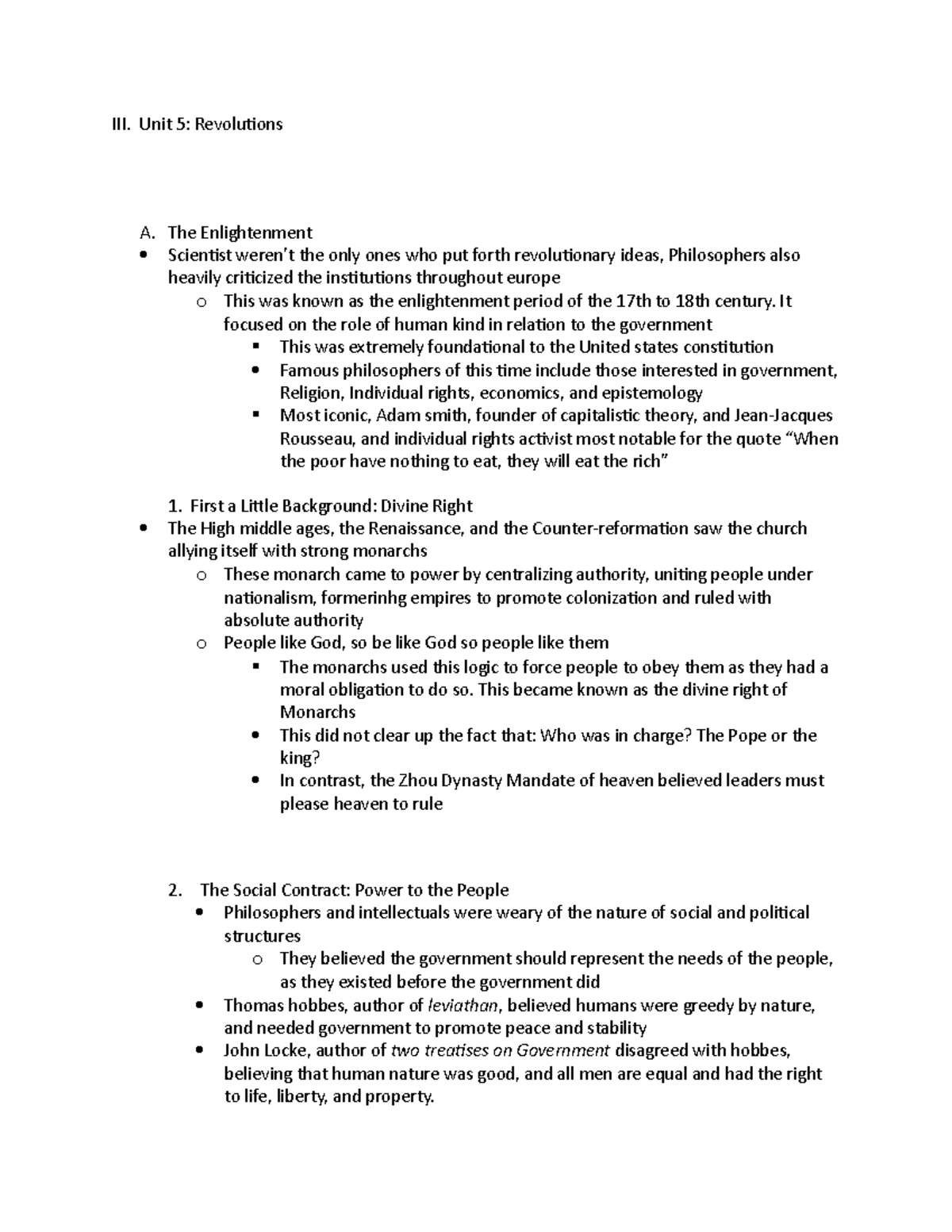 Unit 5 - notes - III. Unit 5: Revolutions A. The Enlightenment ...