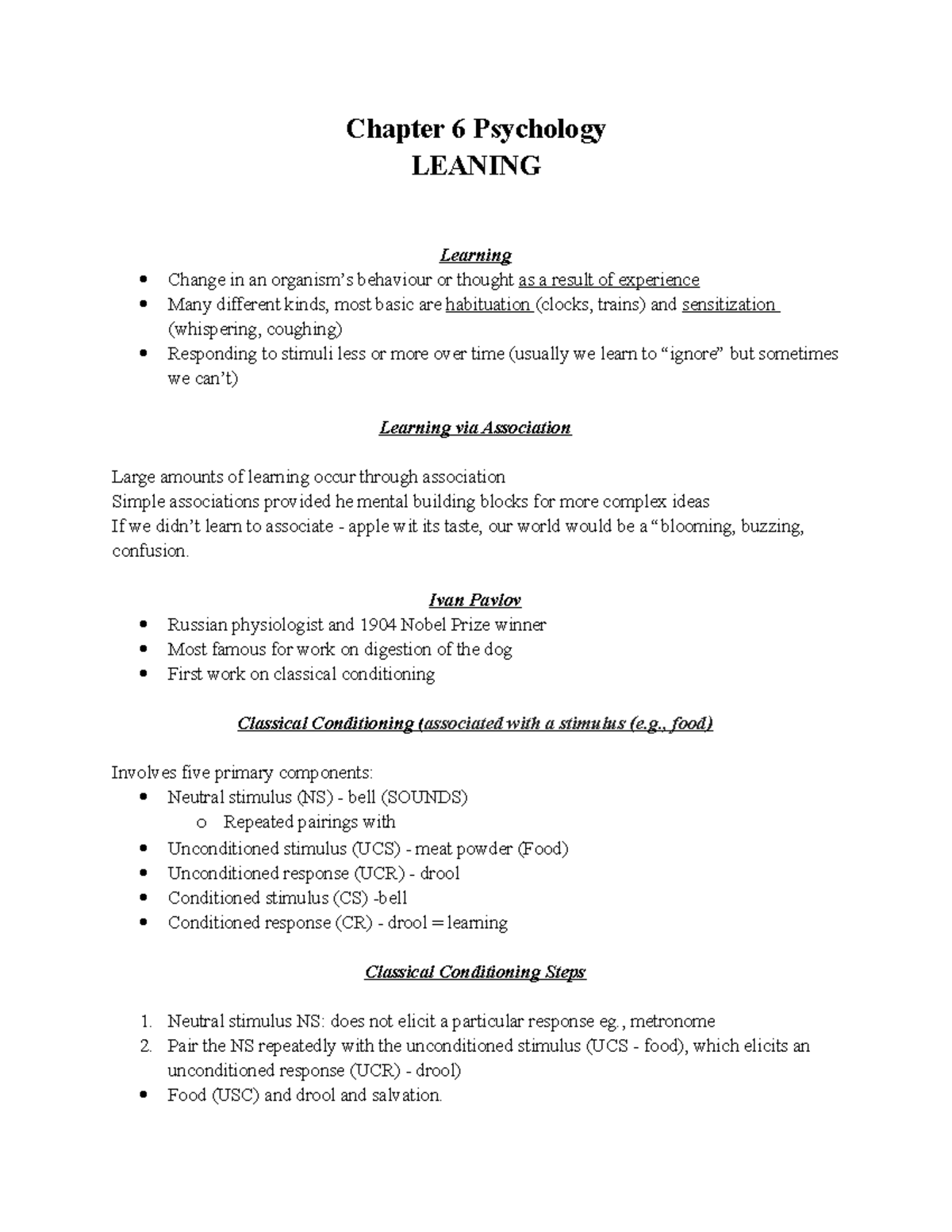 Chapter 6 Psychology - Chapter 6 Psychology LEANING Learning Change in ...