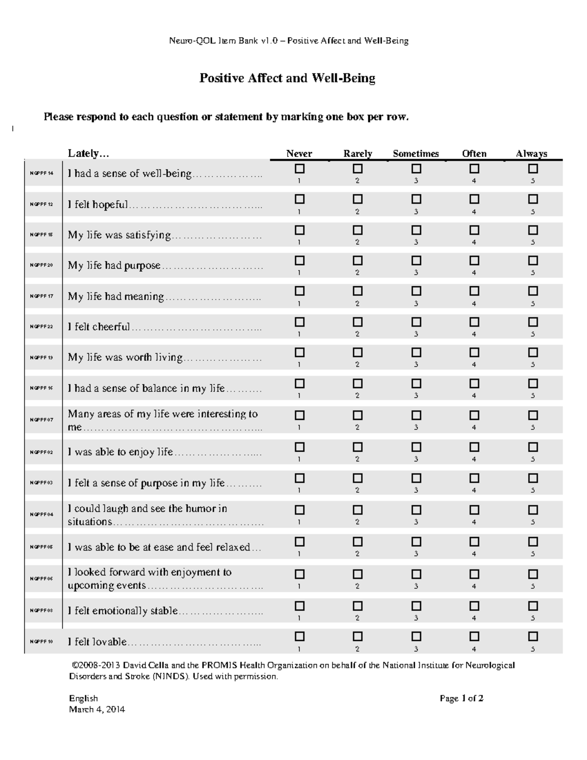 Positive affect and well-being - Neuro-QOL Item Bank v1 – Positive ...