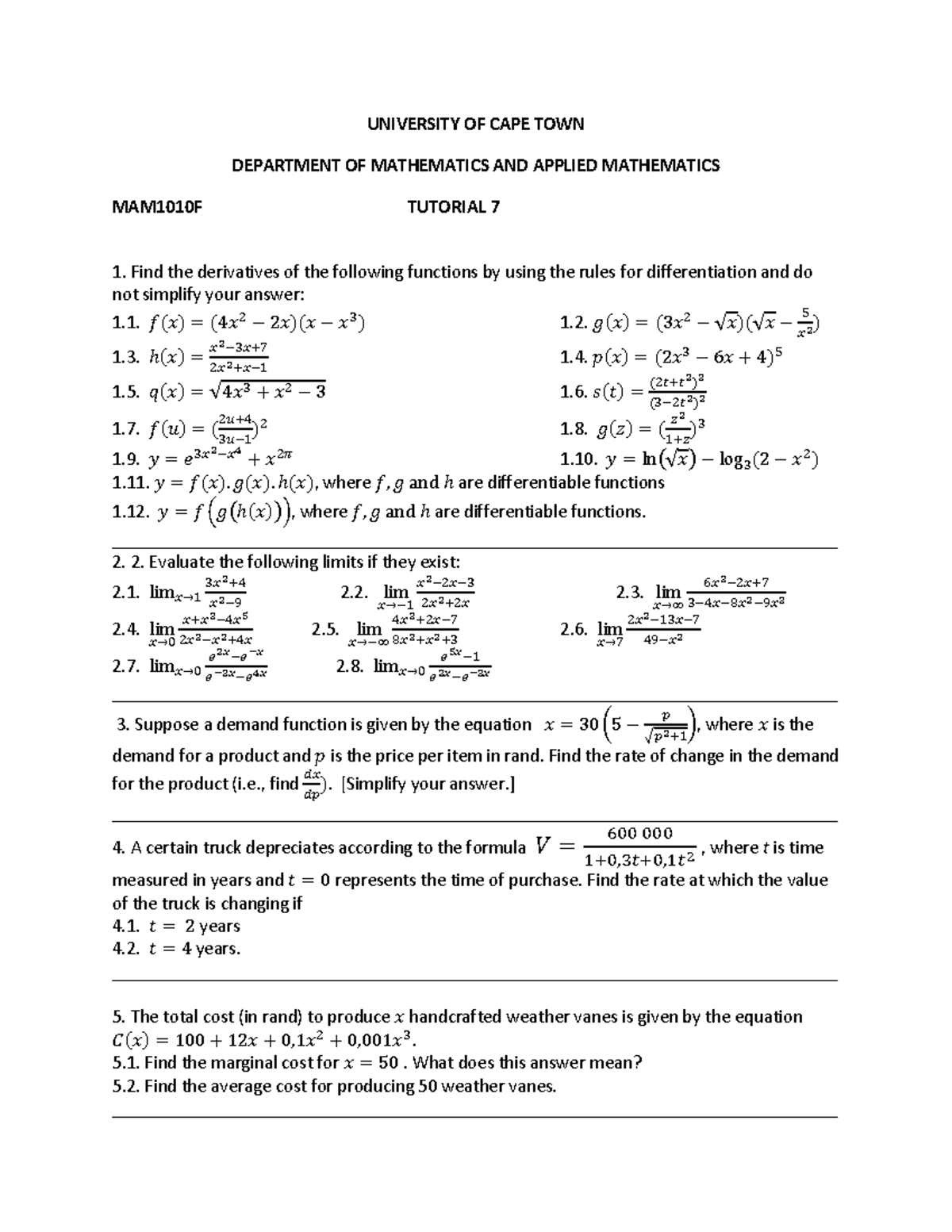 Tutorial 7 - UNIVERSITY OF CAPE TOWN DEPARTMENT OF MATHEMATICS AND ...