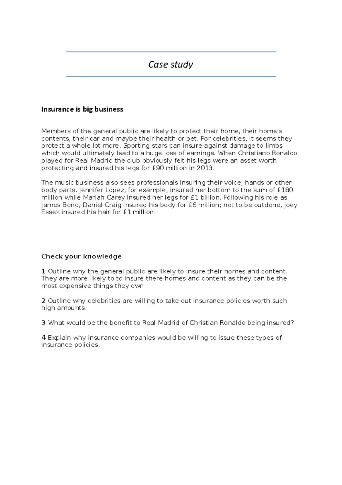Case study unit 1 exploring bussiness - Case study Insurance is big ...