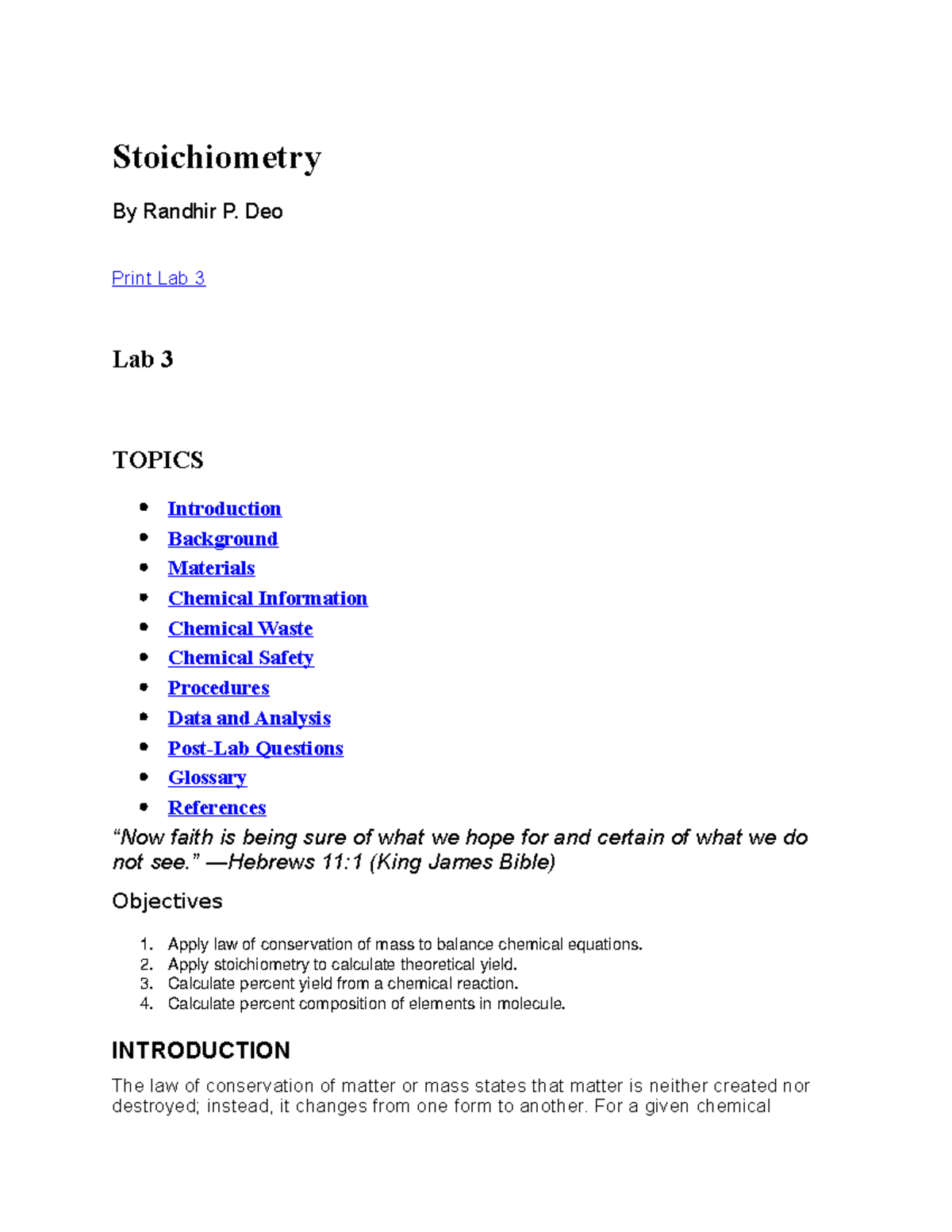 Lab 3 Stoichiometry - Lab, Professor John Stark - Stoichiometry Randhir ...
