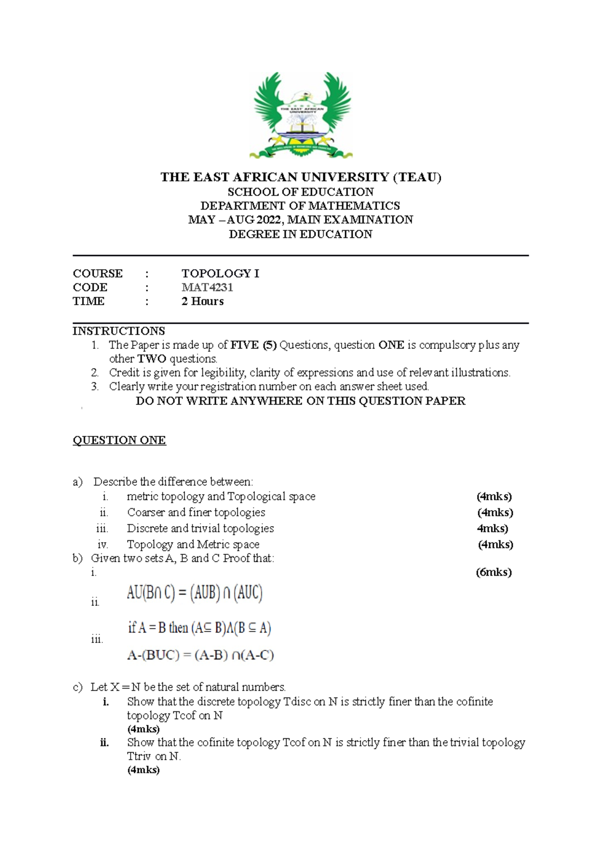 Topology I - THE EAST AFRICAN UNIVERSITY (TEAU) SCHOOL OF EDUCATION ...