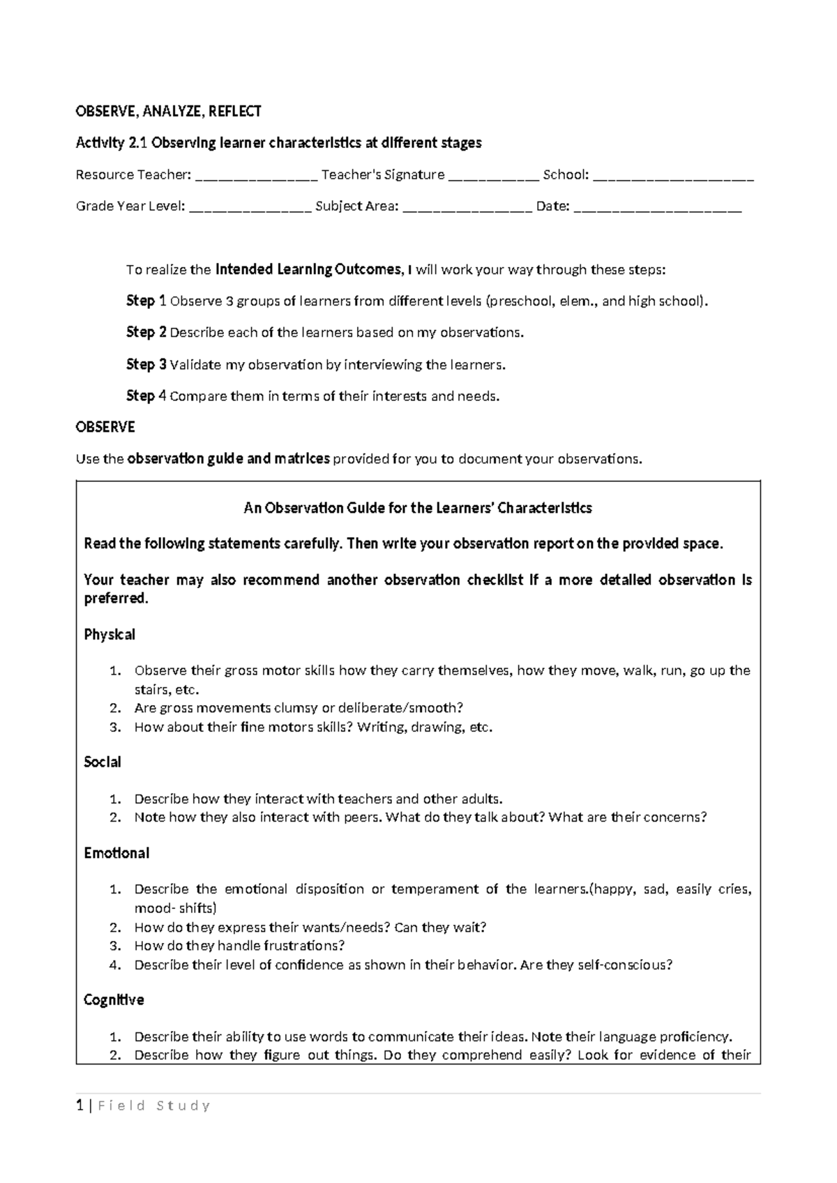 FS-2 (c) - OBSERVE, ANALYZE, REFLECT Activity 2 Observing learner ...