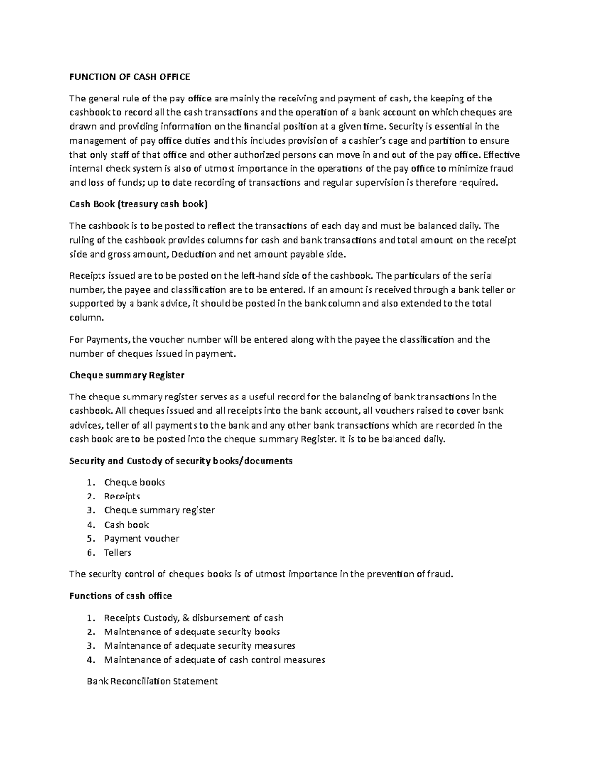 Functions of cash office - FUNCTION OF CASH OFFICE The general rule of ...