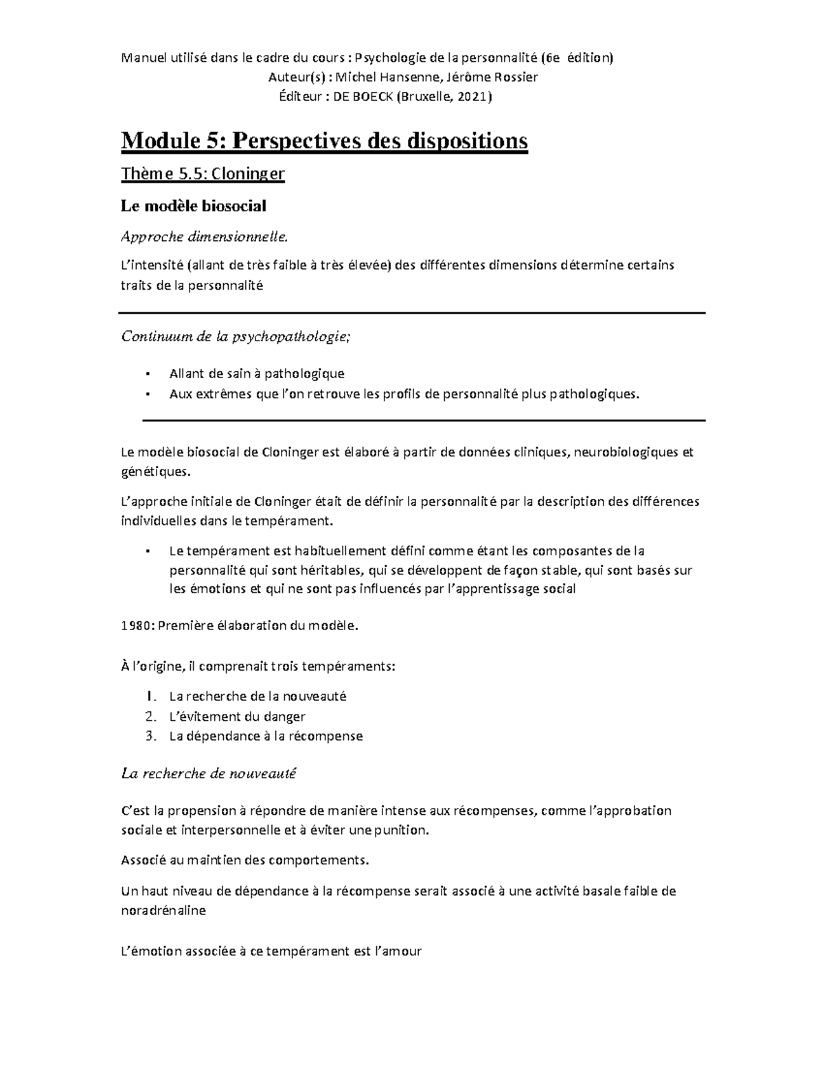 Module-5 Cloninger - Auteur(s) : Michel Hansenne, Jérôme Rossier ...