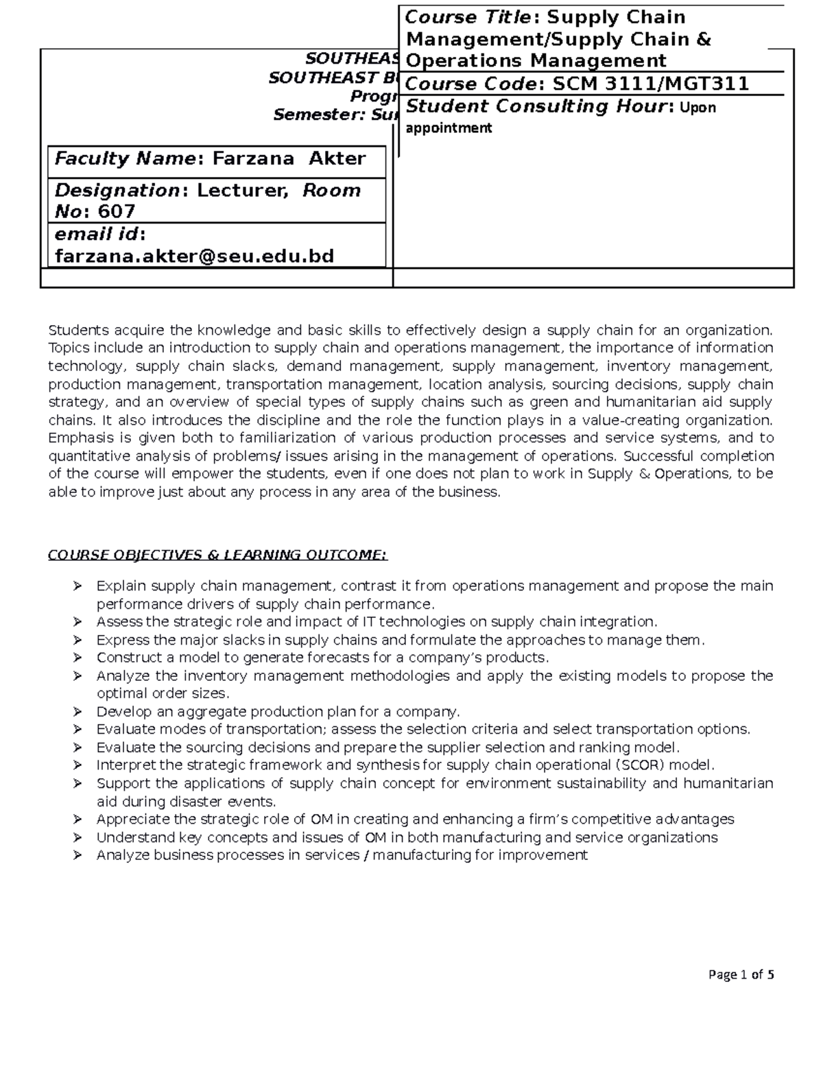 Course outline SCM - SOUTHEAST UNIVERSITY SOUTHEAST BUSINESS SCHOOL ...