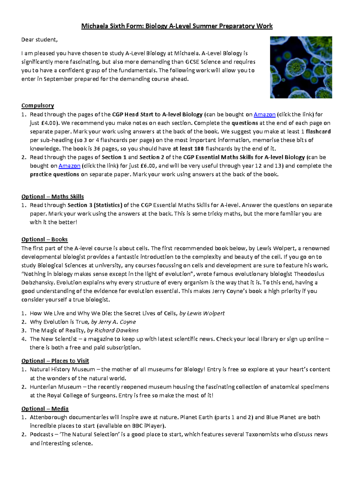 A Level Biology Preparation - Michaela Sixth Form: Biology A-Level ...
