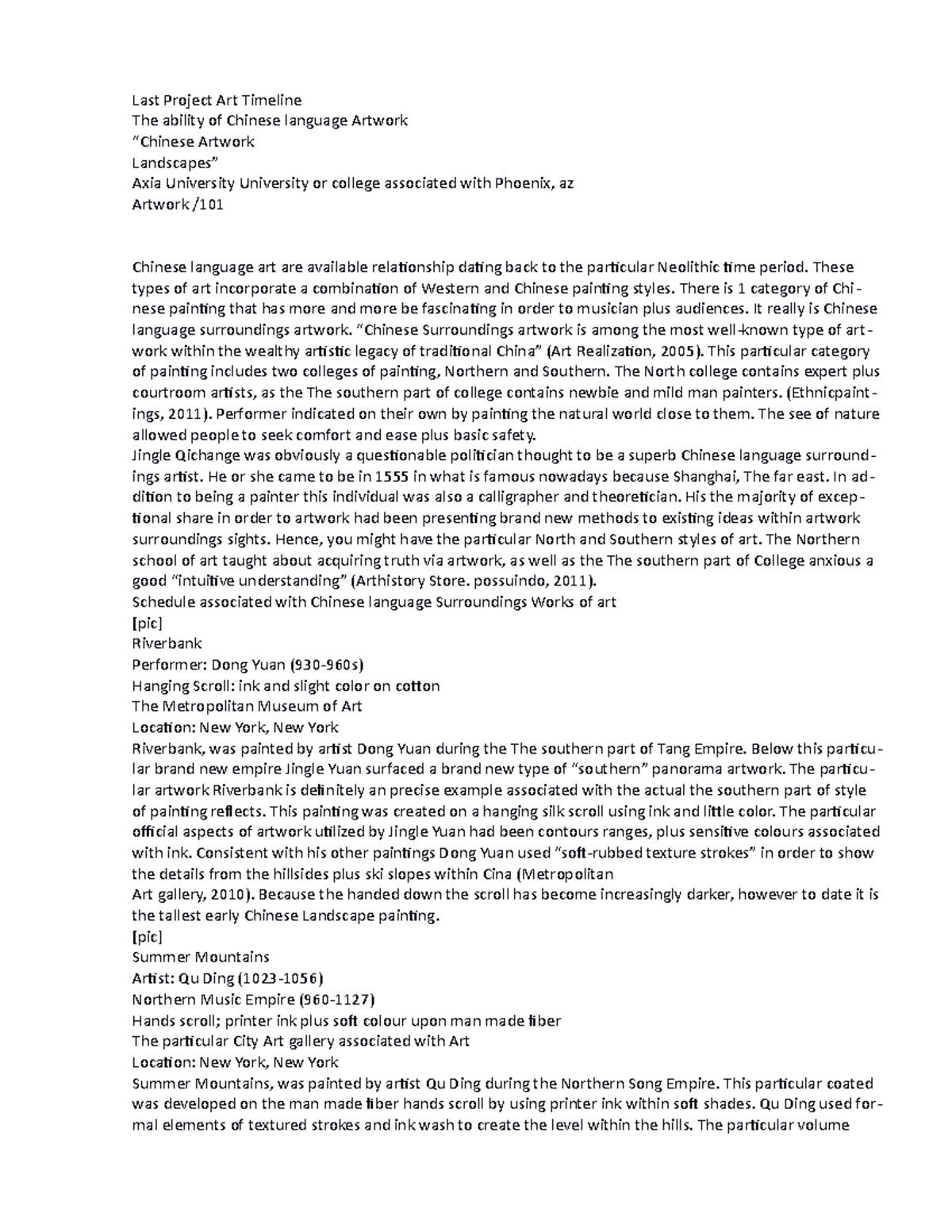 ART 101 Final Project Art Timeline The Art of Chinese Painting - Last Project Art Timeline The ...
